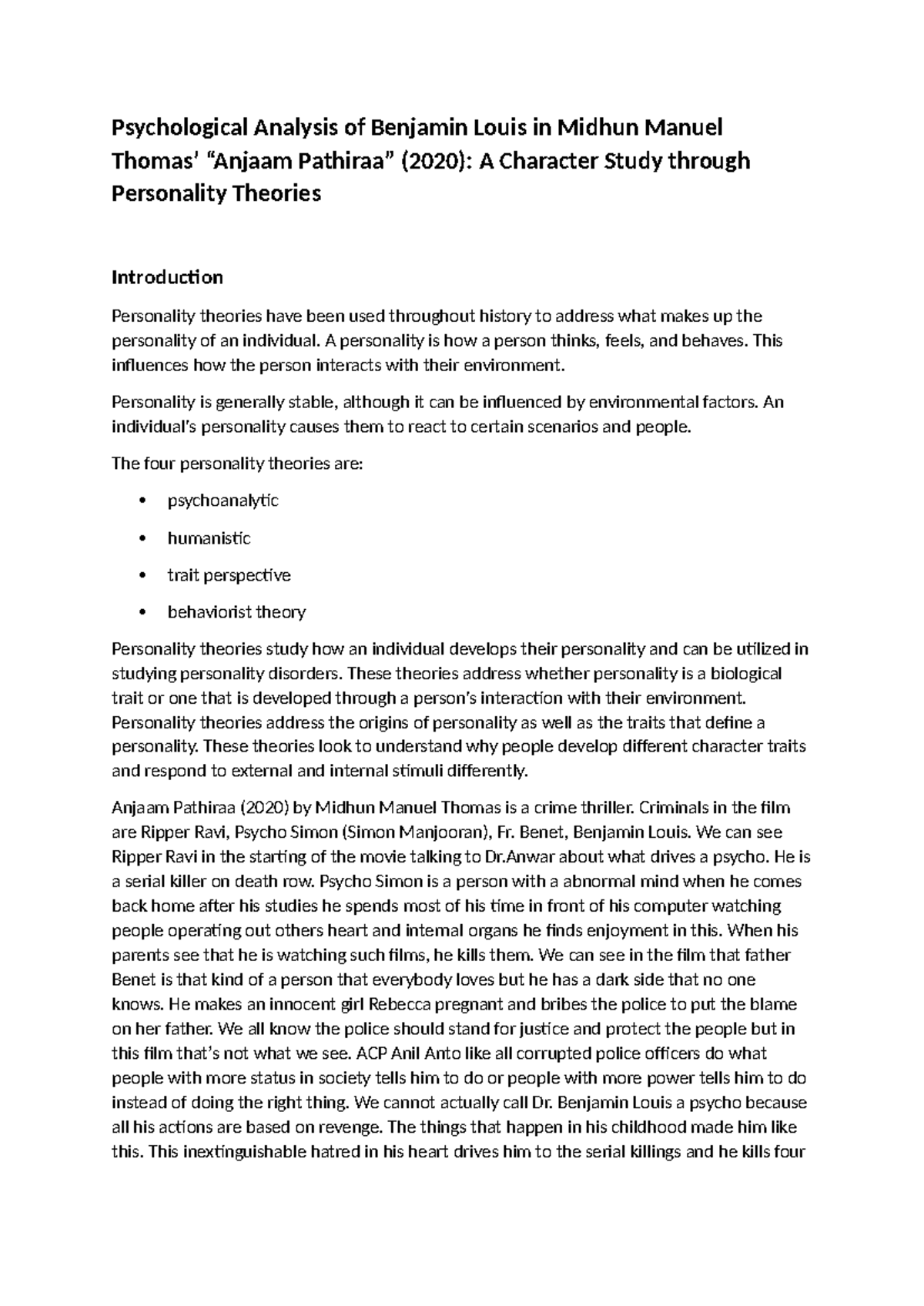 Psychological Analysis of Benjamin Louis in Anjaam Pathiraa (2020 ...