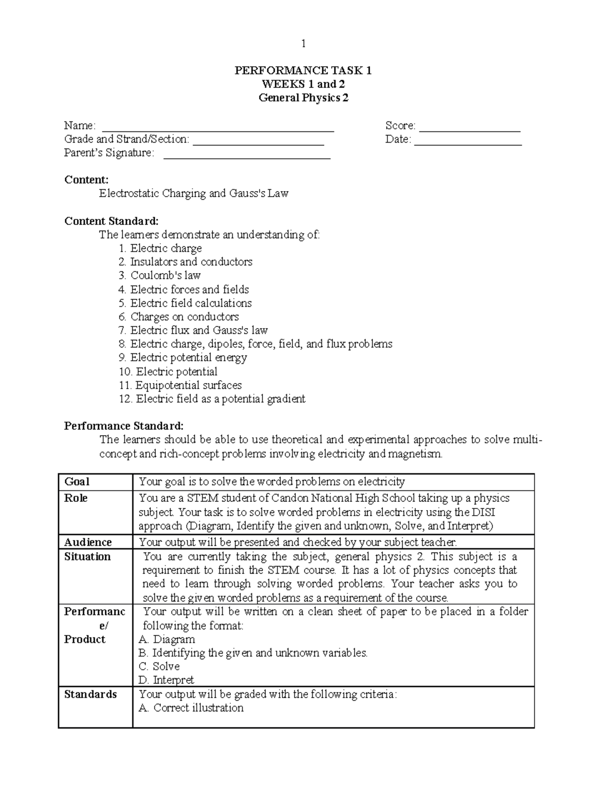General-Physics-2- PT1 - PERFORMANCE TASK 1 WEEKS 1 and 2 General ...