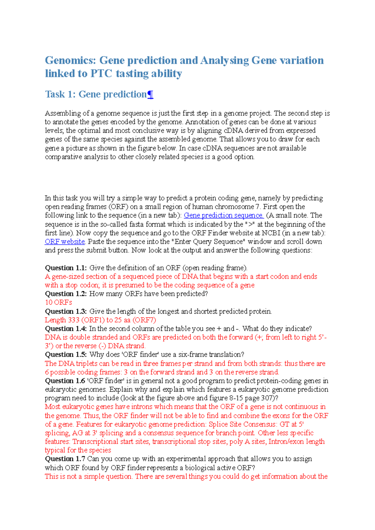 Genomics Case Study 1: Gene Prediction & PTC Tasting Analysis - Studeersnel