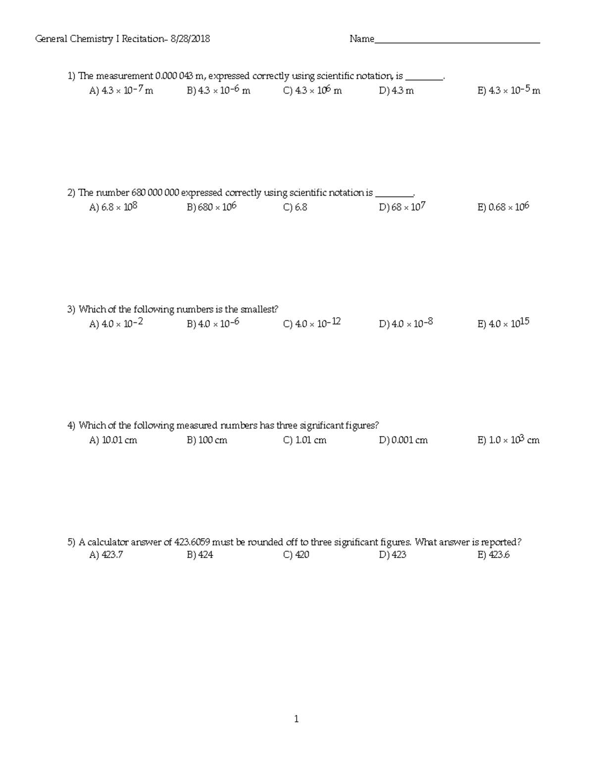 General Chemistry I Recitation - 8/28/2018 - Studocu