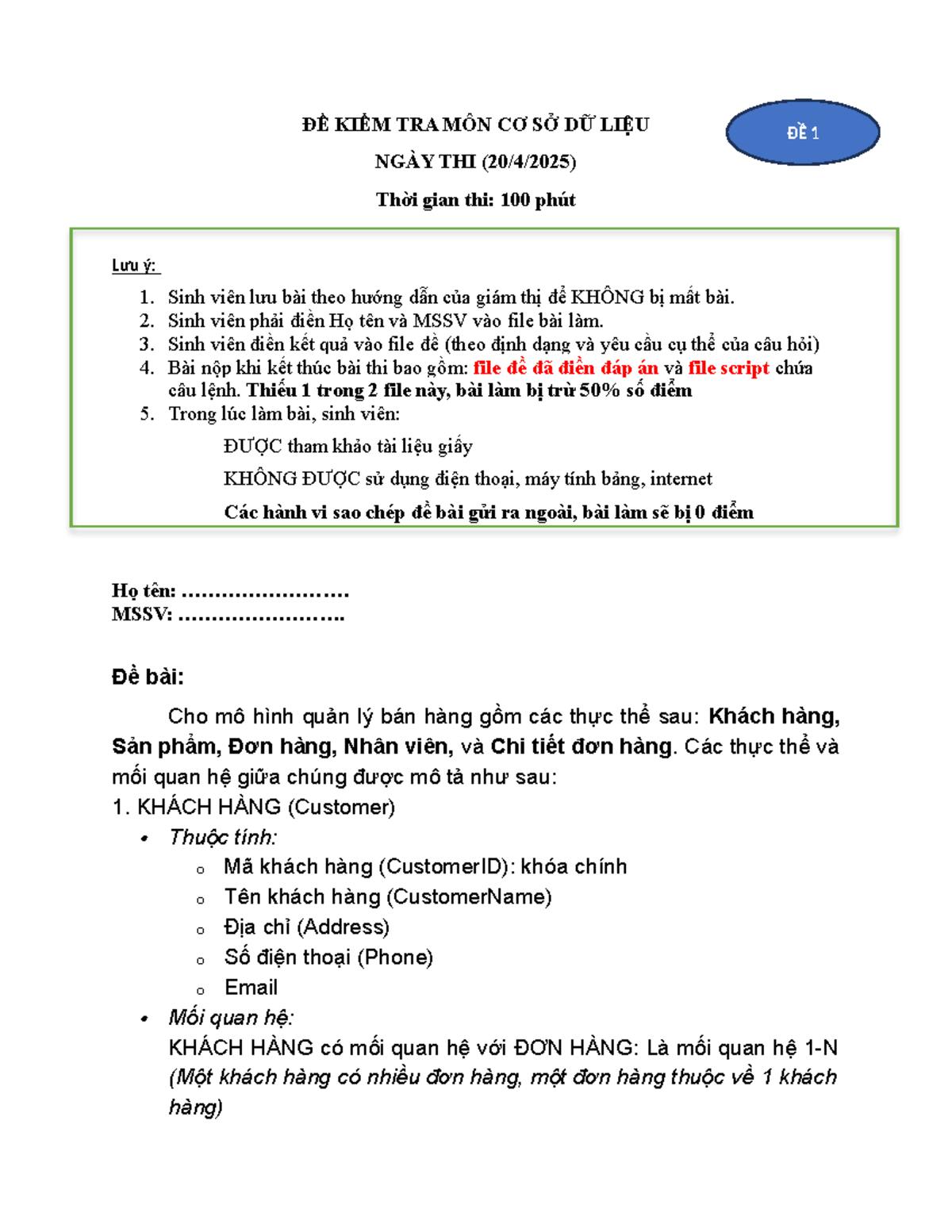 Đề Kiểm Tra Môn CSDL - Đề 1 - Thời Gian 100 Phút - Studocu