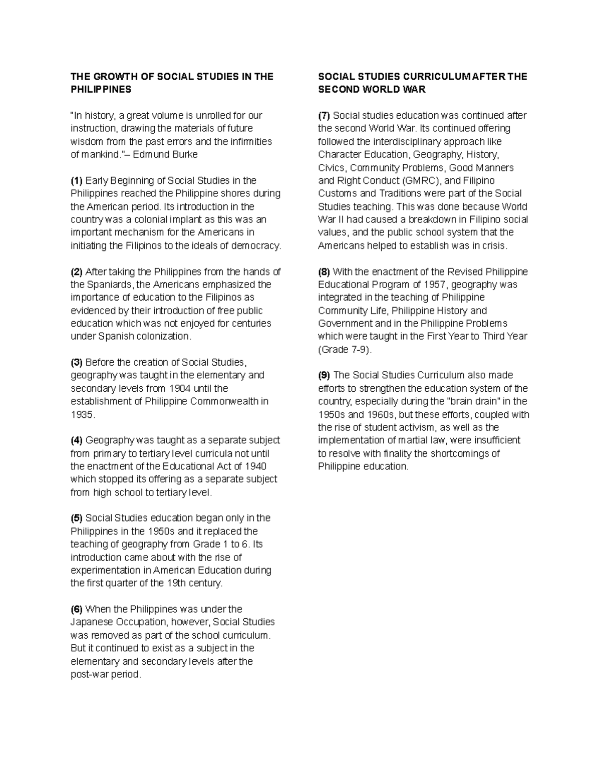 Philippines-1: Social Studies Evolution and Curriculum Review - Studocu