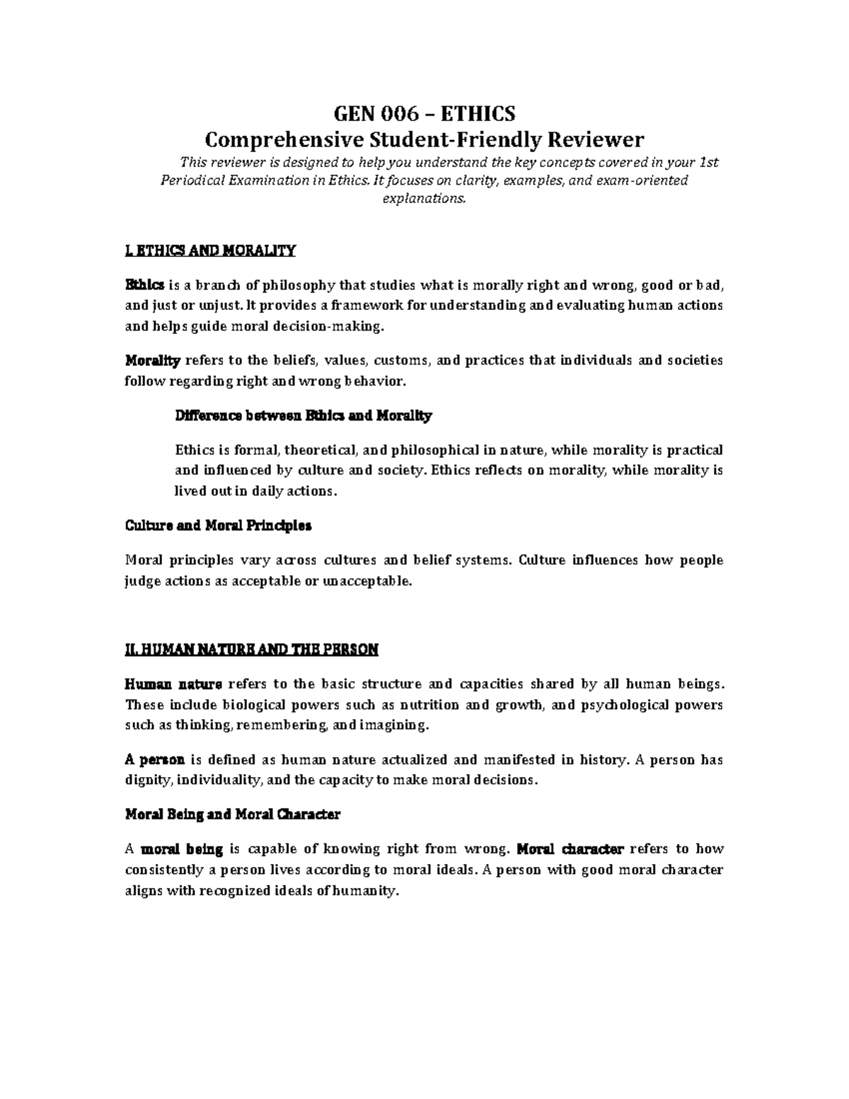 GEN 006 ETHICS 1st Periodical Exam Comprehensive Reviewer - Studocu