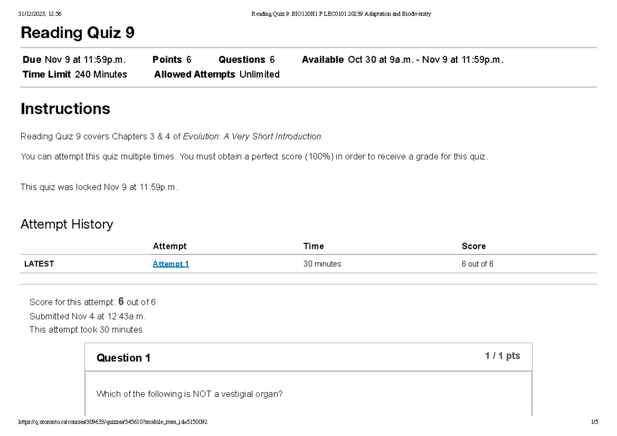 Reading Quiz 9: BIO120H1 F LEC0101 20239 on Adaptation & Biodiversity ...