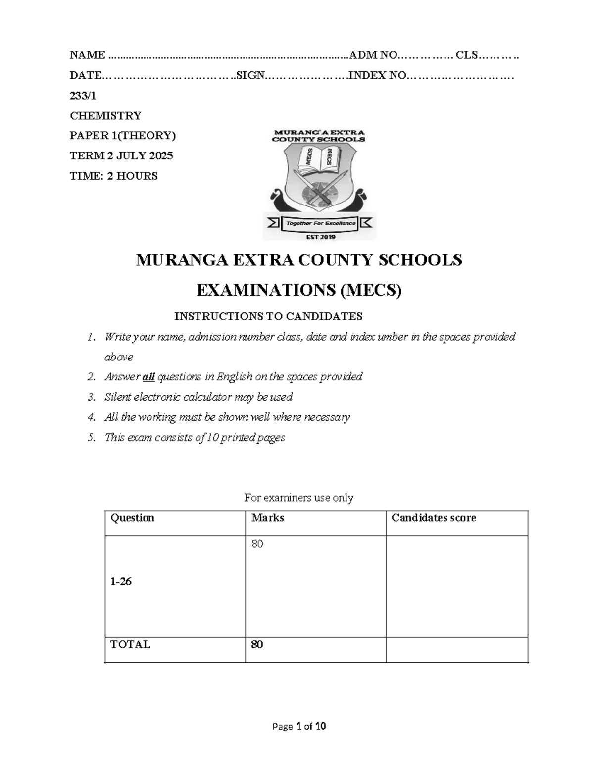 ADM CHEMISTRY PAPER 1 (THEORY) TERM 2 JULY 2025 EXAM - Studocu