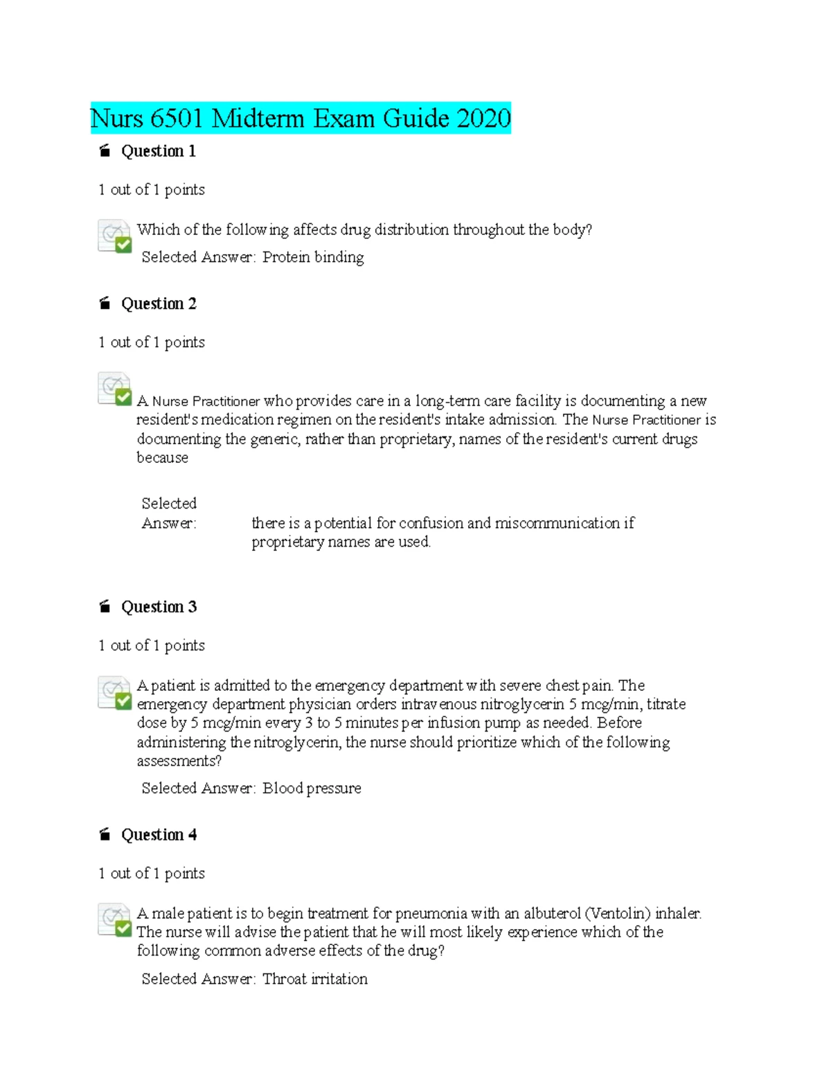 Nurs 6501 Midterm Exam Guide 2020 - Nurs 6501 Midterm Exam Guide 2020 Question 1 1 out of 1 ...
