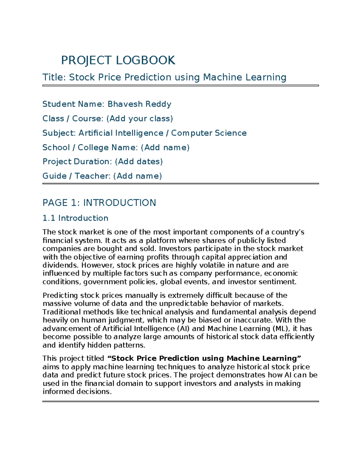 AI-ML Project Logbook: Stock Price Prediction (CS 101) - Studocu