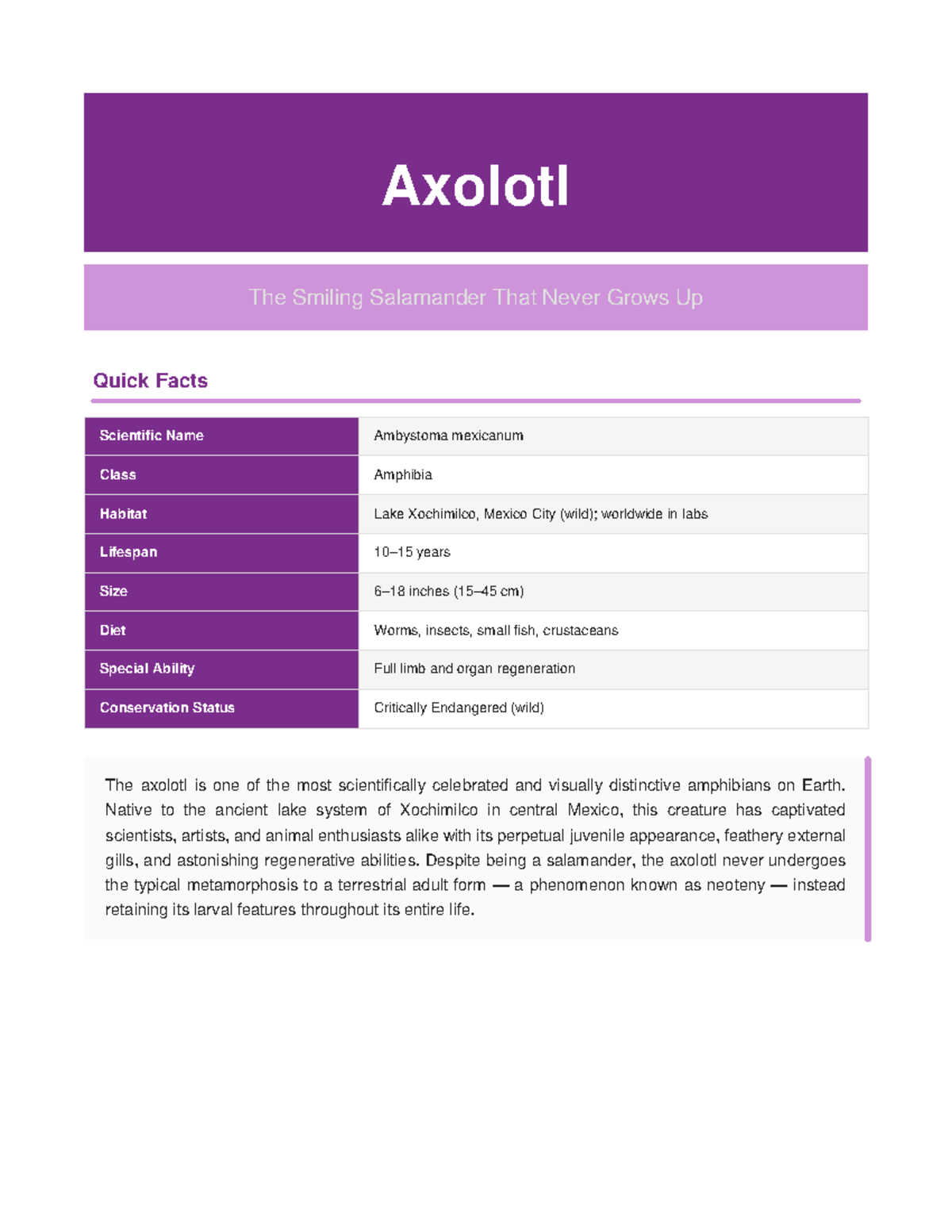 Axolotl (Amstoma mexicanum): Quick Facts & Conservation Status - Studocu