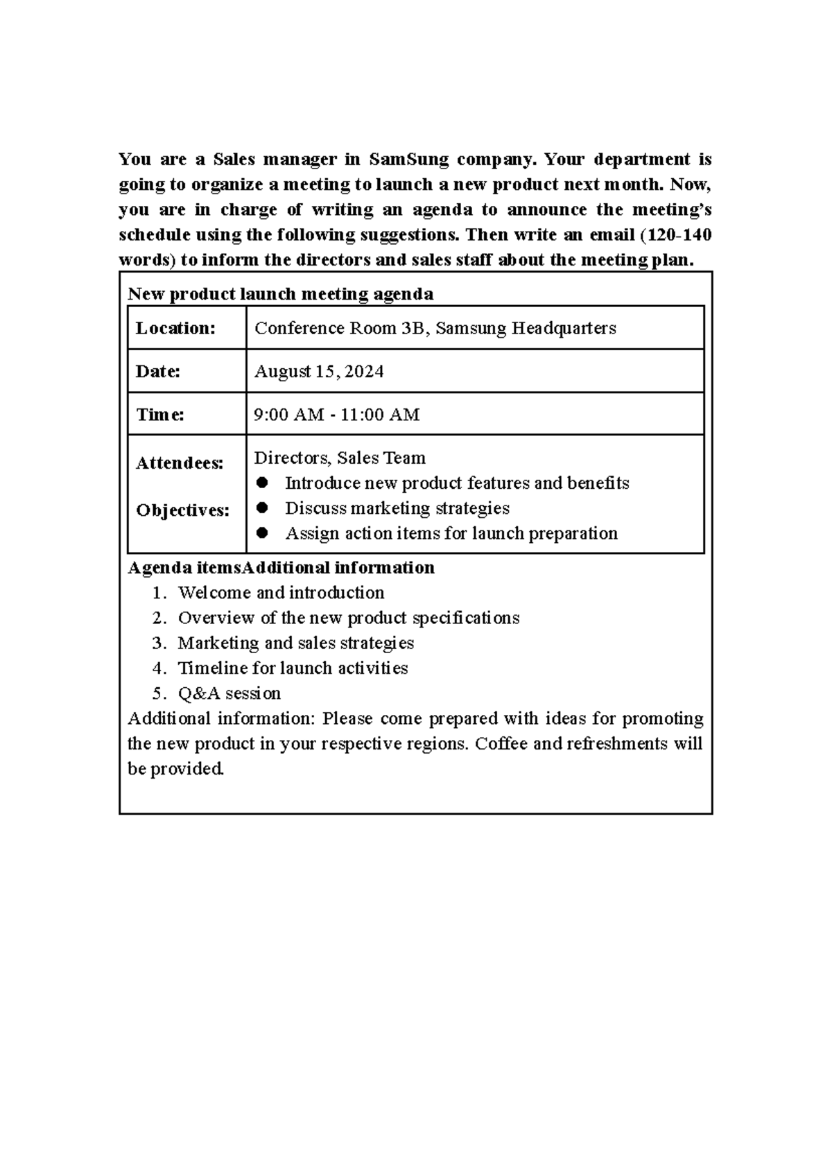 U3 ta1 - Agenda for New Product Launch Meeting at Samsung - Studocu
