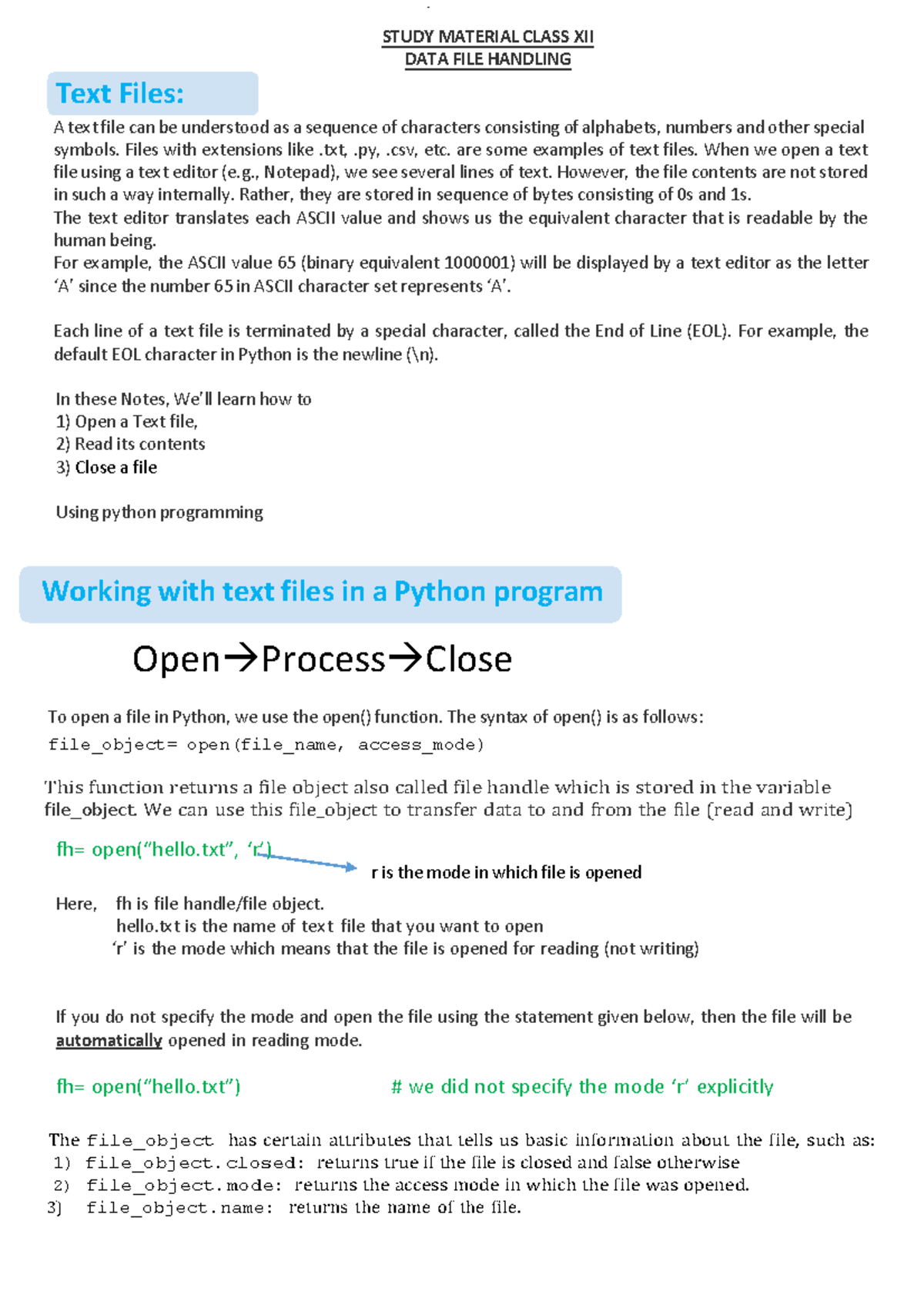 Class 12 - Data File Handling: Text Files Notes and Operations - Studocu