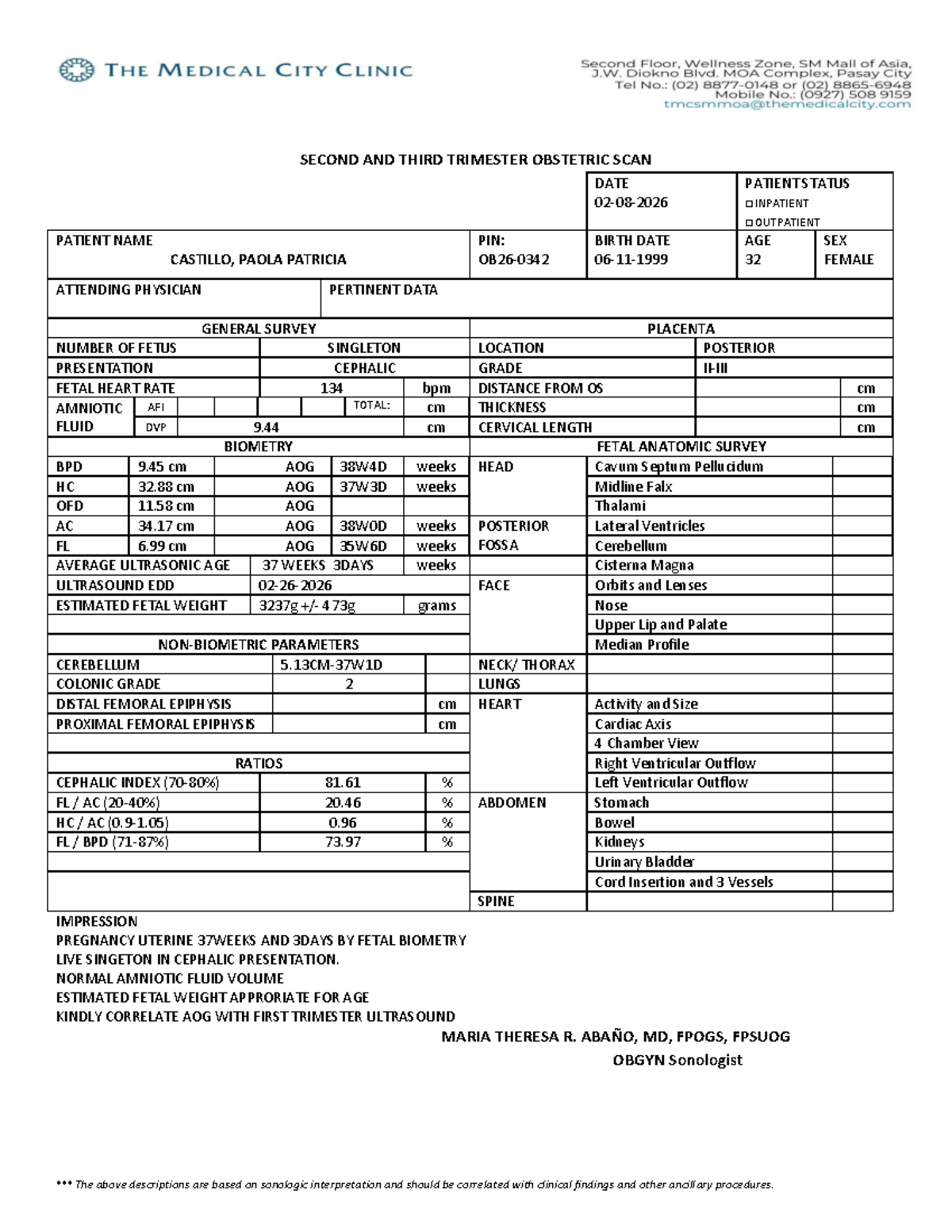 Obstetric Scan Report: Castillo, Paola Patricia - 2nd & 3rd Trimester ...