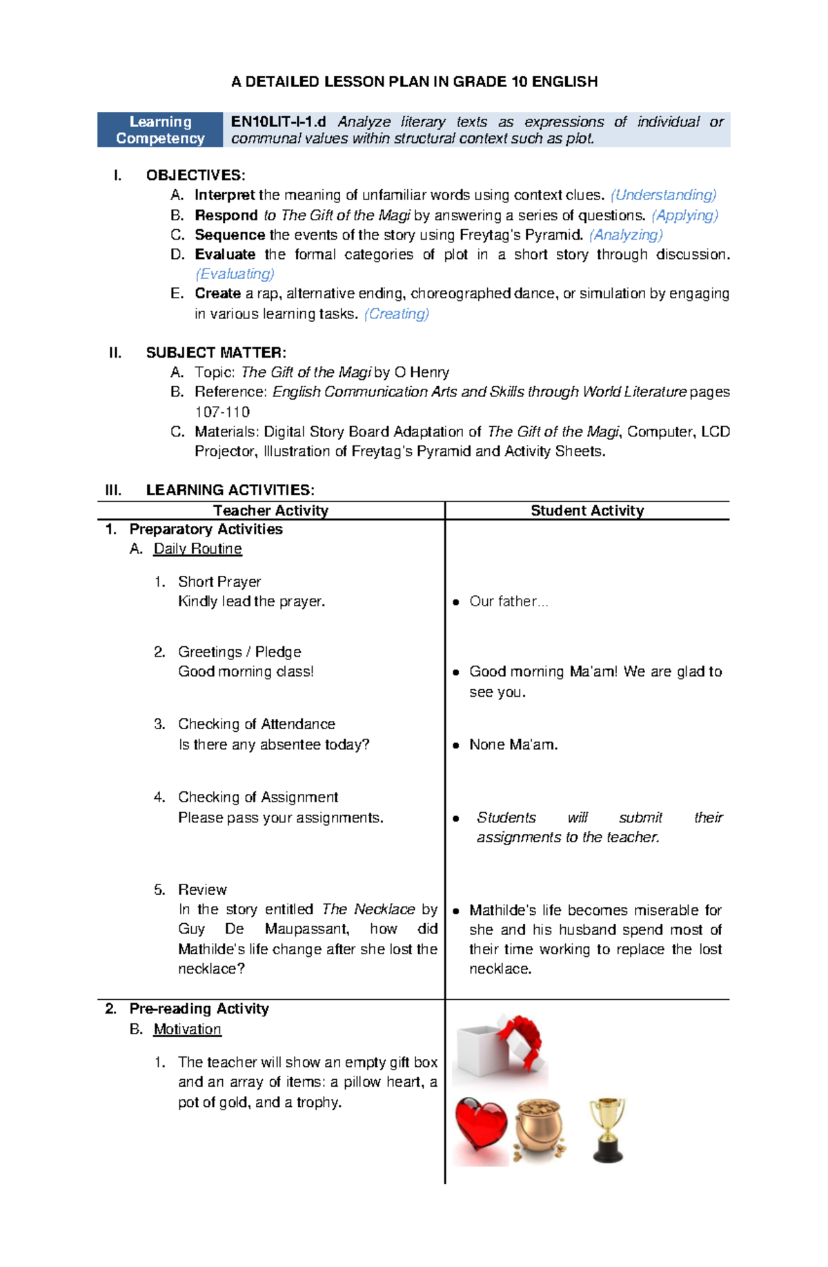 EEd-211 Detailed Lesson Plan for G10 English: The Gift of the Magi ...