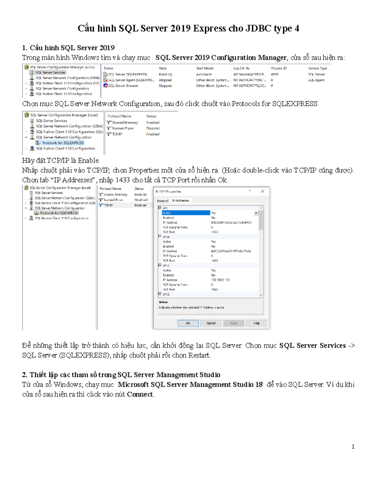 Cấu Hình SQL Server 2019 cho JDBC Type 4 - Hướng Dẫn Chi Tiết - Studocu