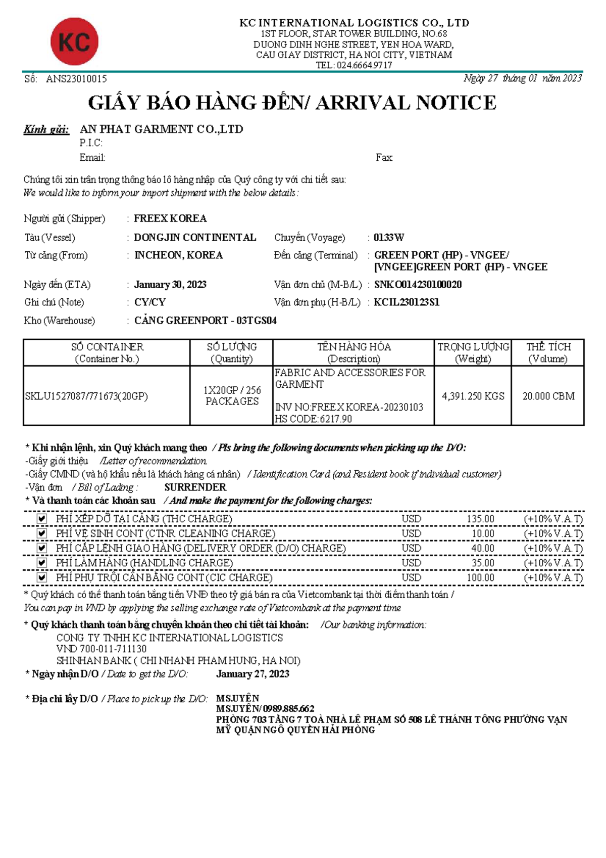 Arrival Notice for Shipment from FREEX KOREA to AN PHAT CO., LTD - Studocu