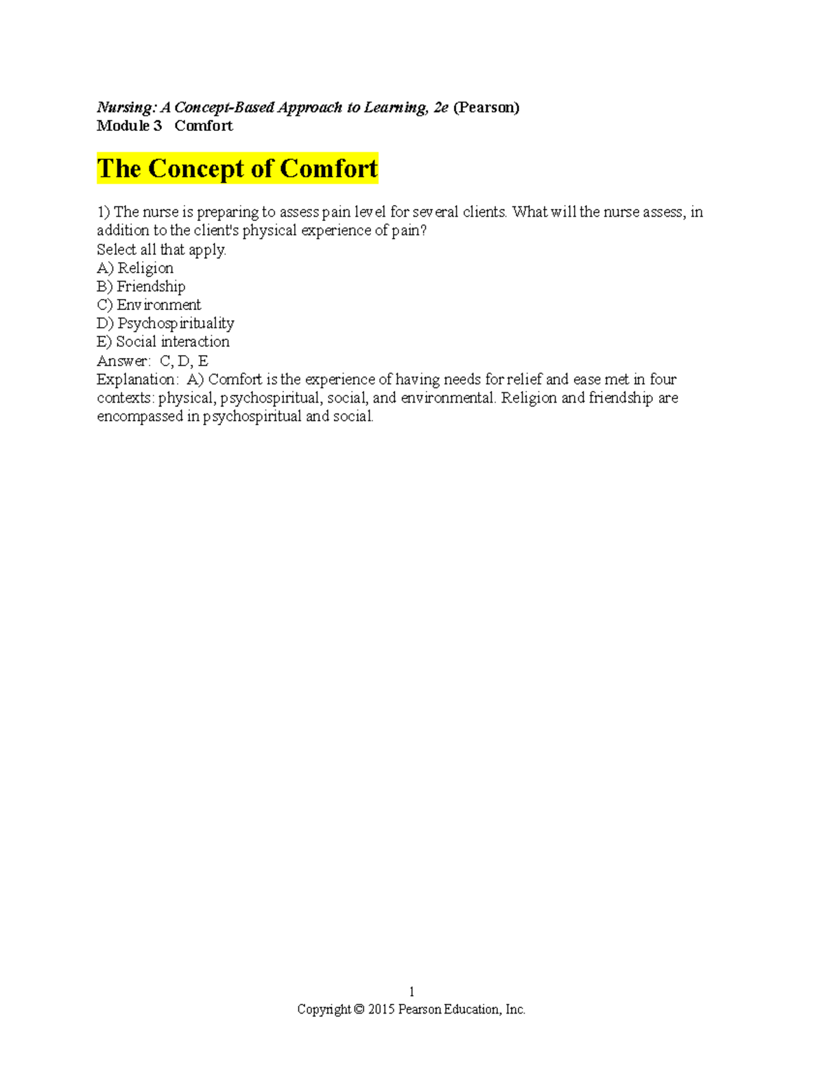Module 3 Comfort - Practice Questions for Nursing 2e Exam Prep - Studocu