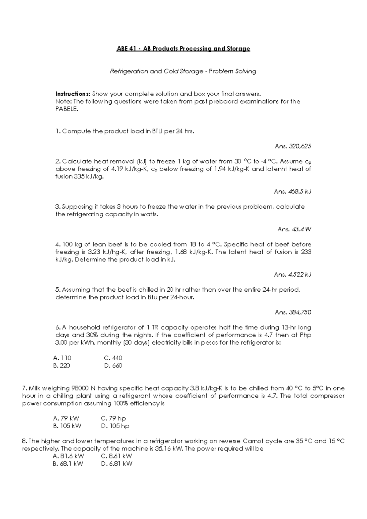 ABE 41 - Refrigeration & Cold Storage Problem Solving Guide - Studocu