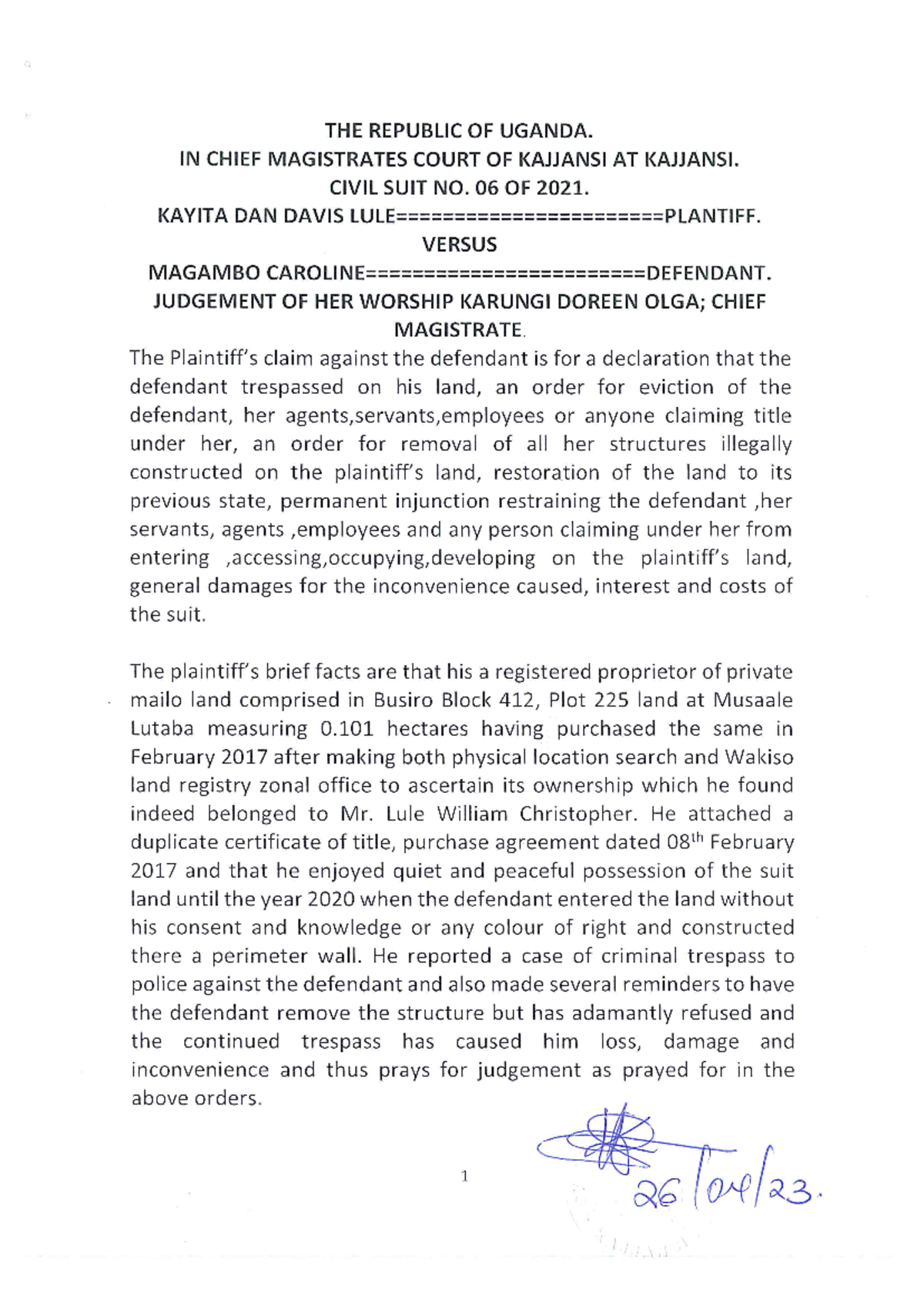 Judgment Kayita Dan Davis vs Caroline Magambo - THE REPUBLIC OF UGANDA ...