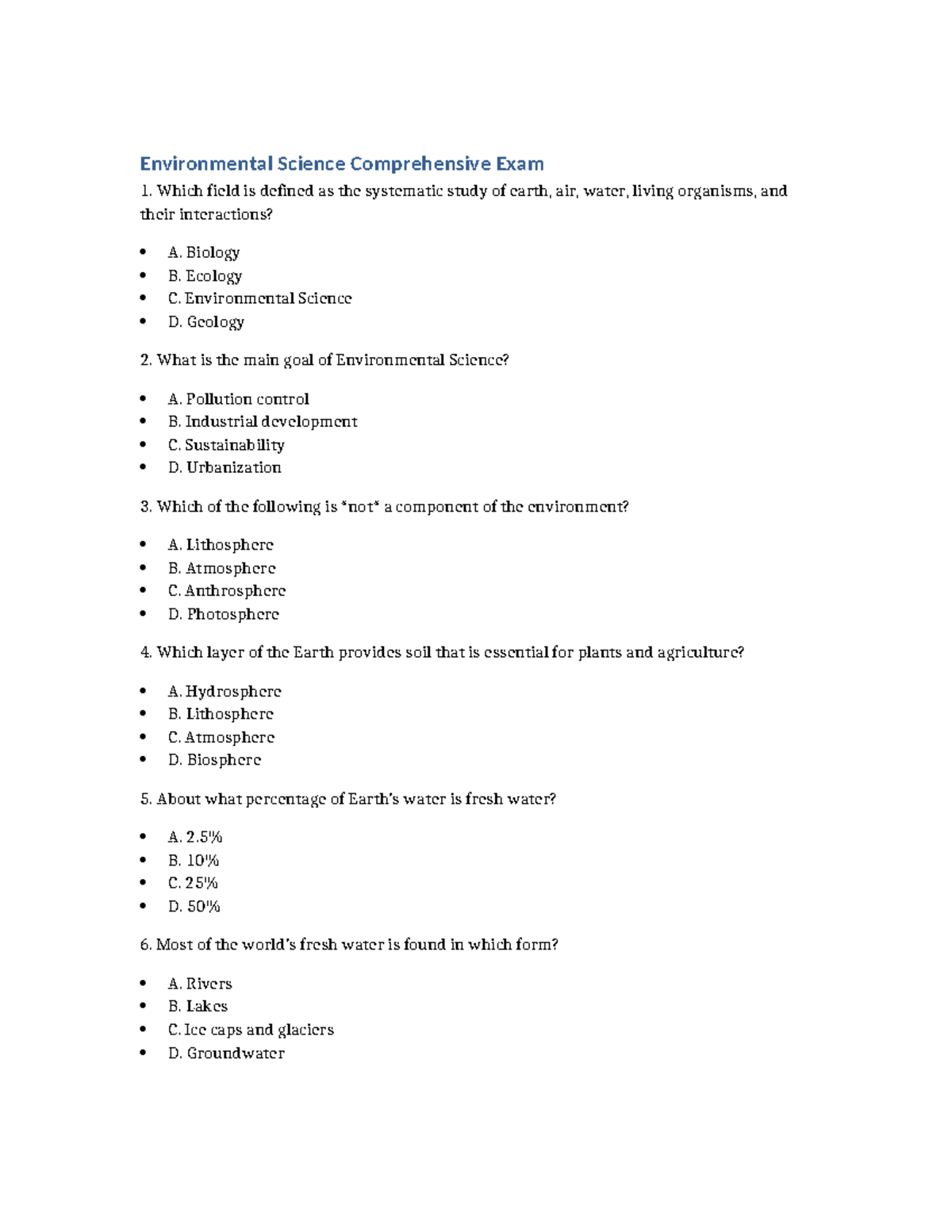 ENV 101 Final Exam: Comprehensive Environmental Science Review - Studocu