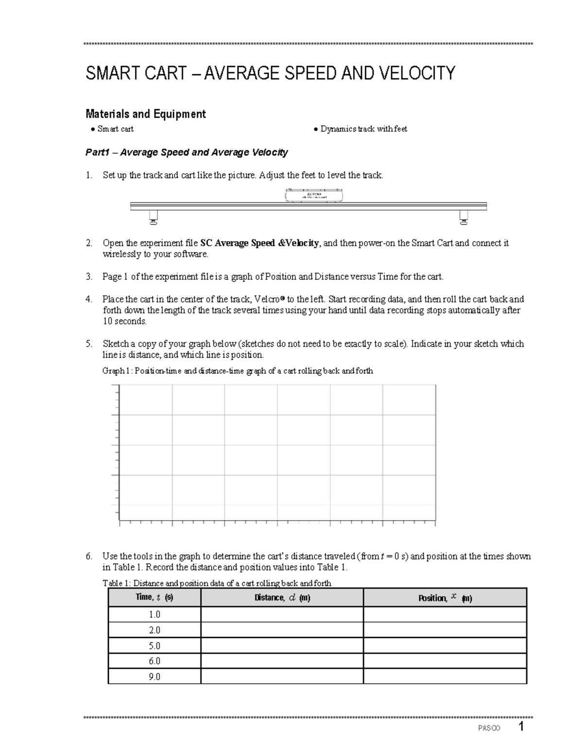 Average Speed Velocity Worksheet - PASCO 1 SMART CART – AVERAGE SPEED ...