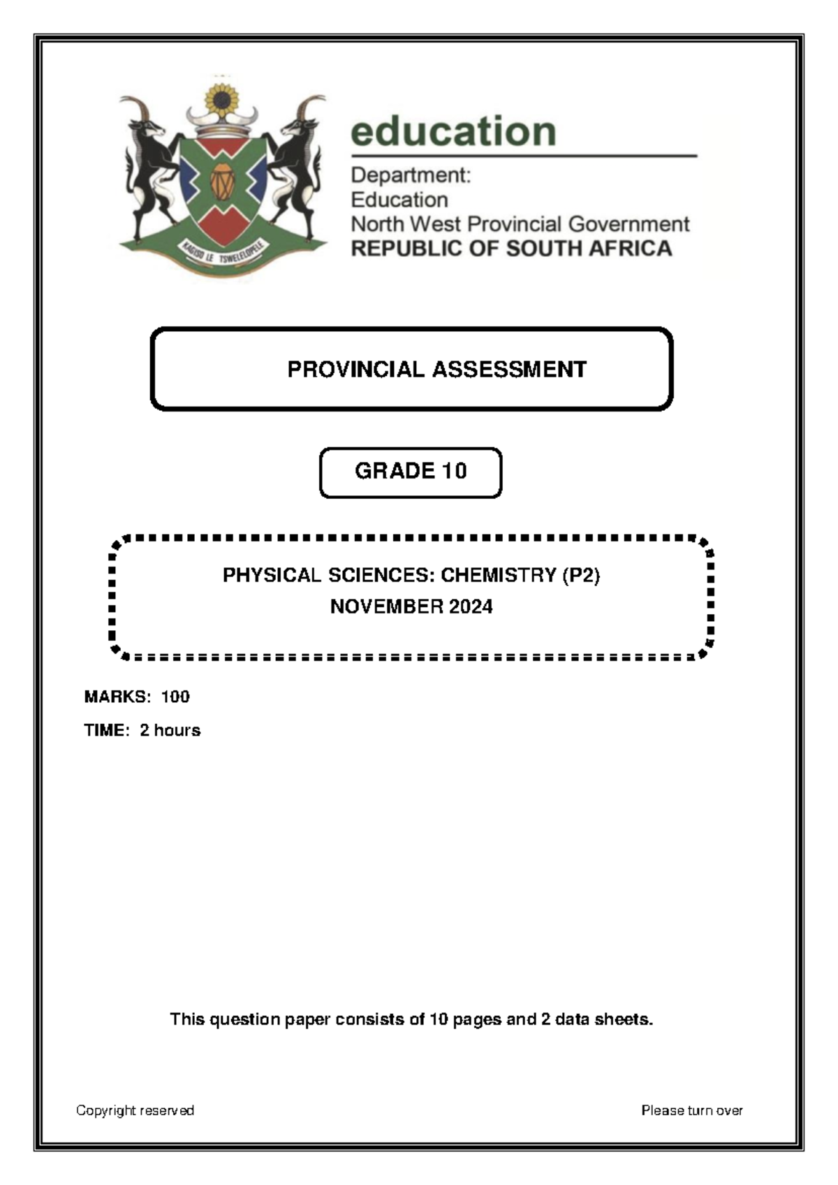Physical Sciences Grade 10 P2 Chemistry Exam November 2024 - Studocu