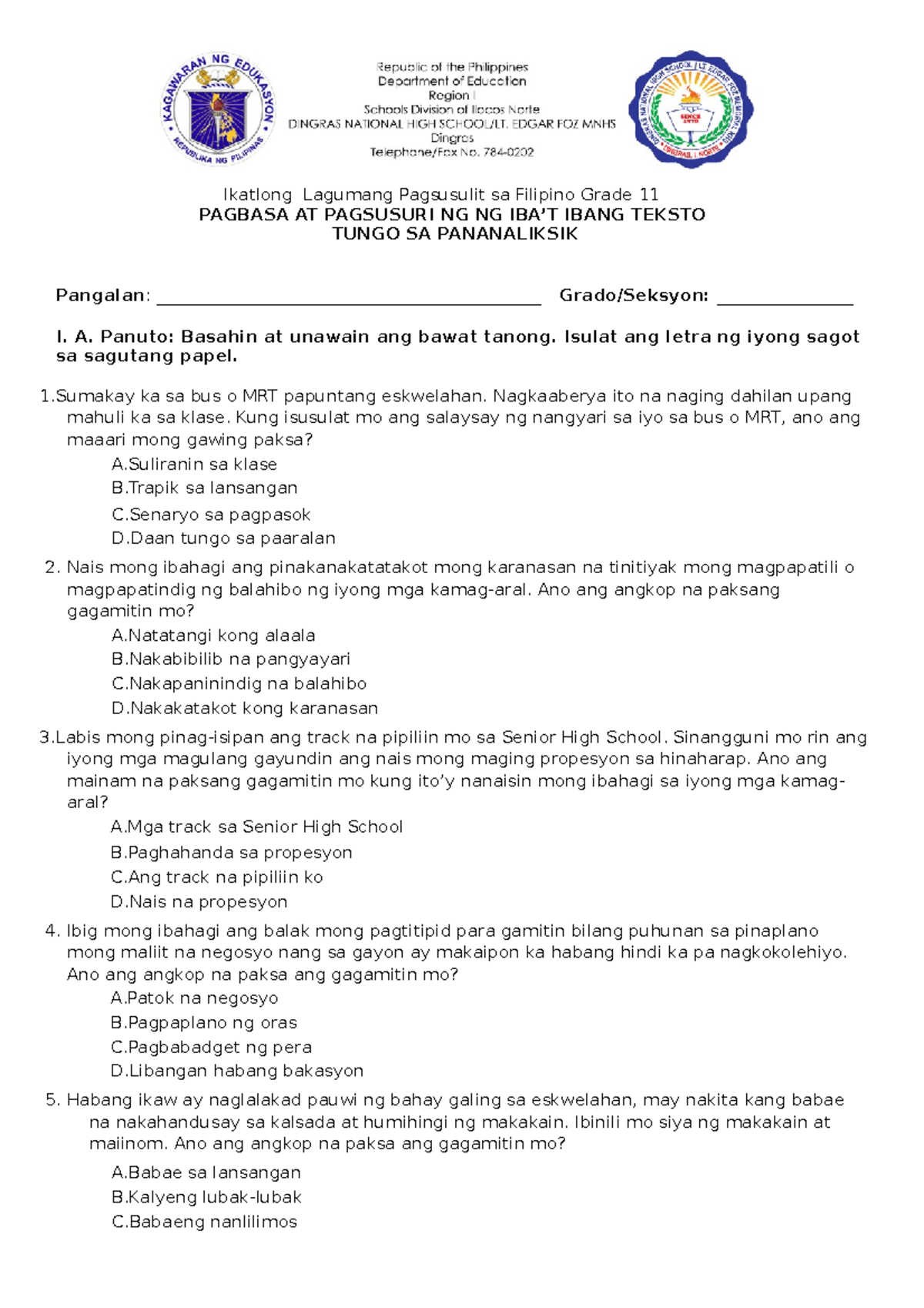 FIL 11 - 3RD QUARTER SUMMATIVE TEST: FILIPINO GRADE 11 - Studocu