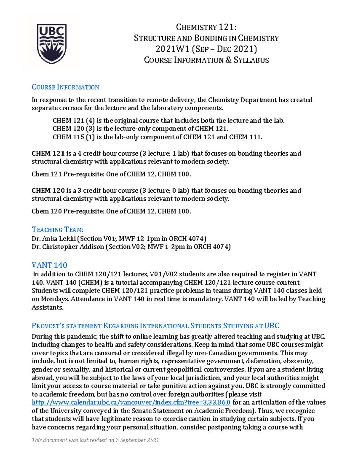 CHEM 121 Syllabus & Course Info for 2021W1 (Sections V01, V02) - Studocu