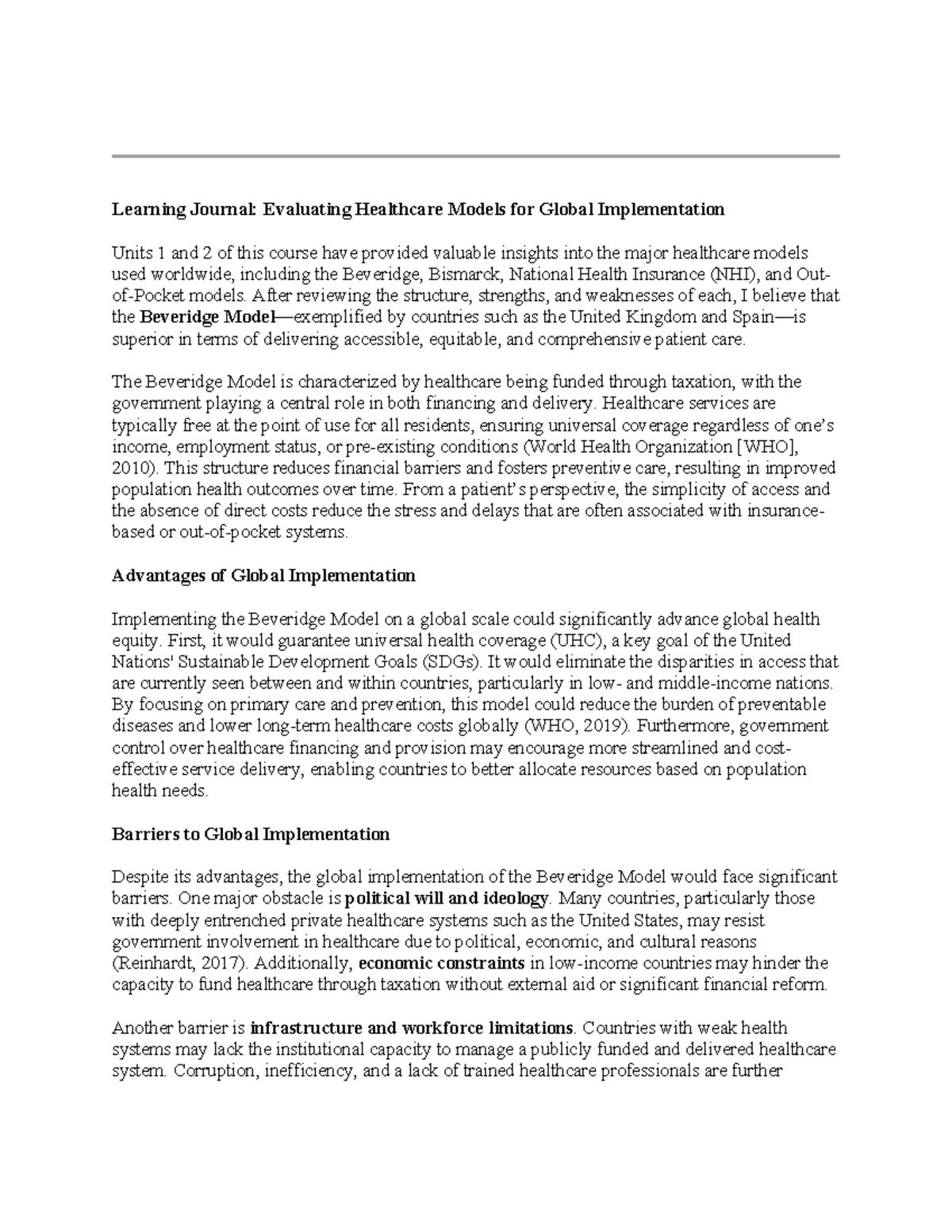 Learning Journal: Evaluating Global Healthcare Models (Units 1 & 2 ...