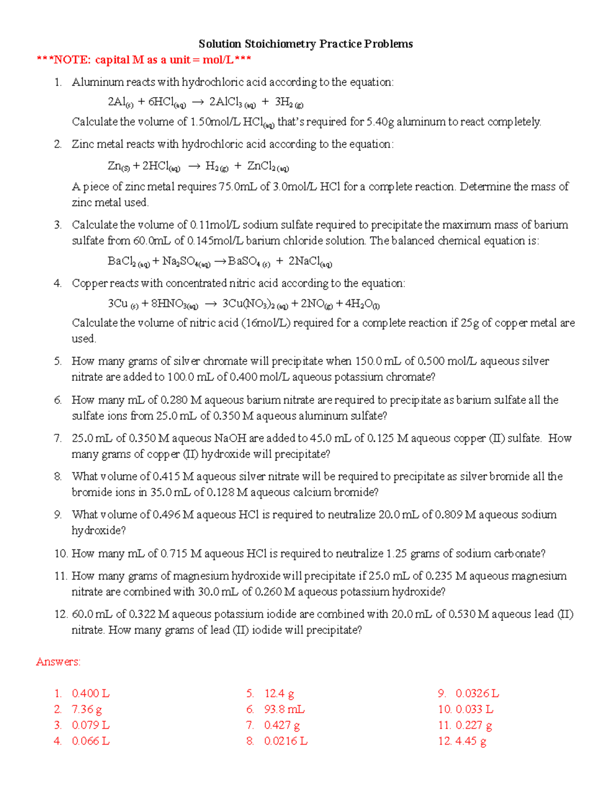 Solution Stoichiometry Practice Problems (Chem 101) - Studocu