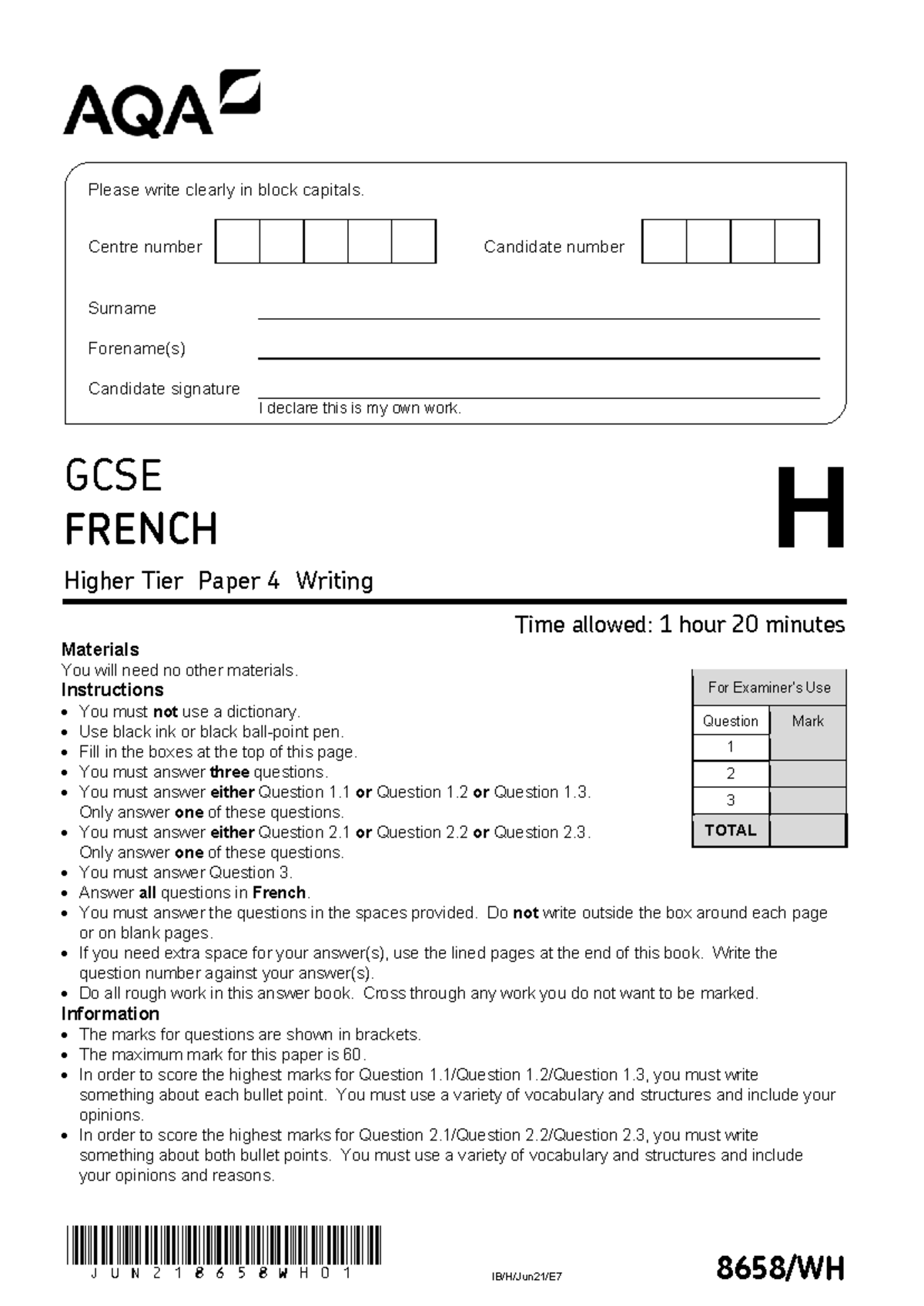 AQA 8658/WH GCSE French Higher Tier Paper 4 Writing Guide - Studocu