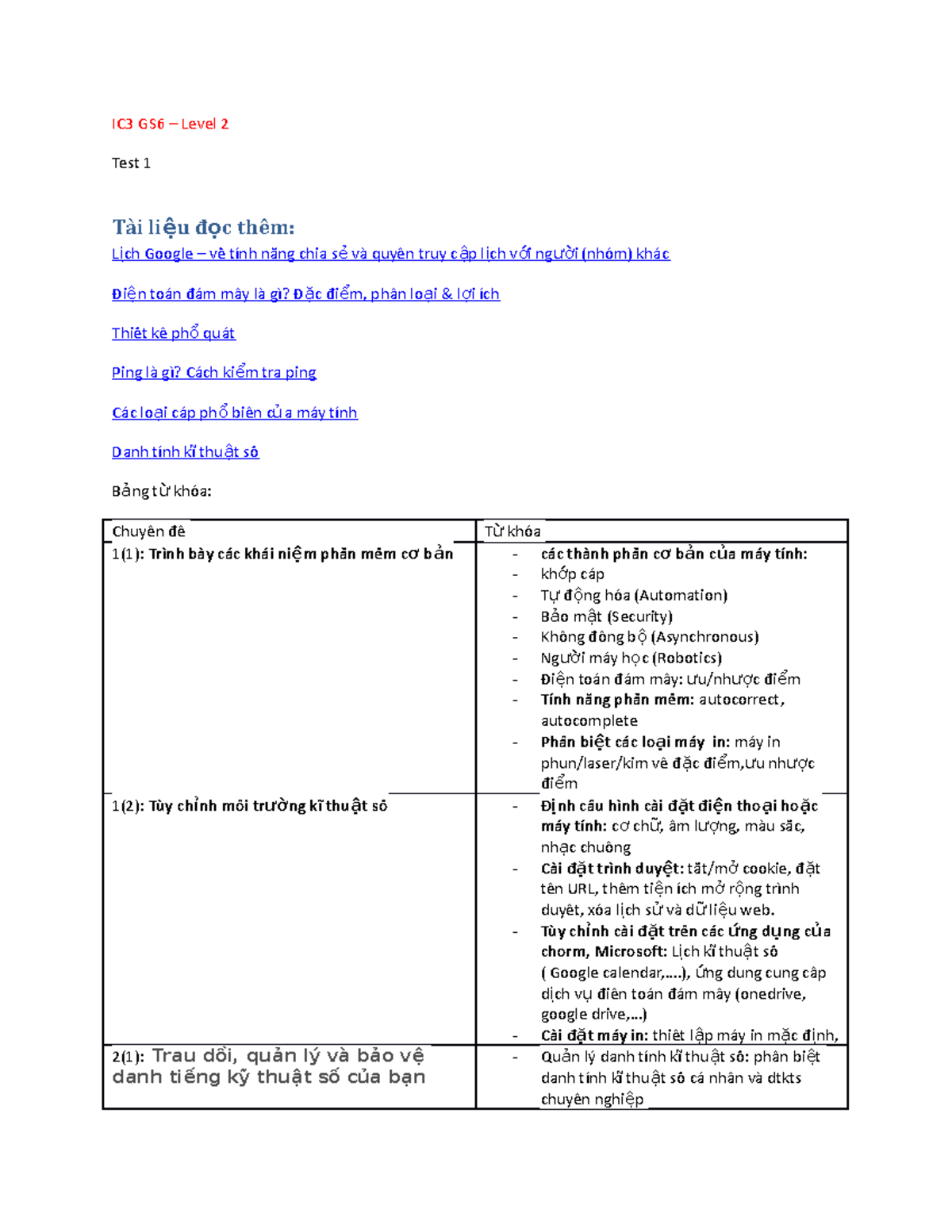 IC3 GS6 Level 2 - Test 1 Study Notes and Practice Exercises - Studocu