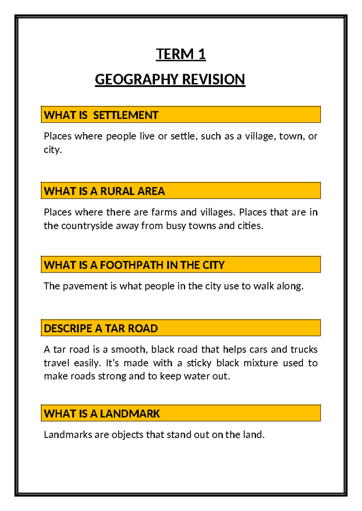 TERM 1 GEOGRAPHY REVISION: SETTLEMENTS & LAND USE - Studocu