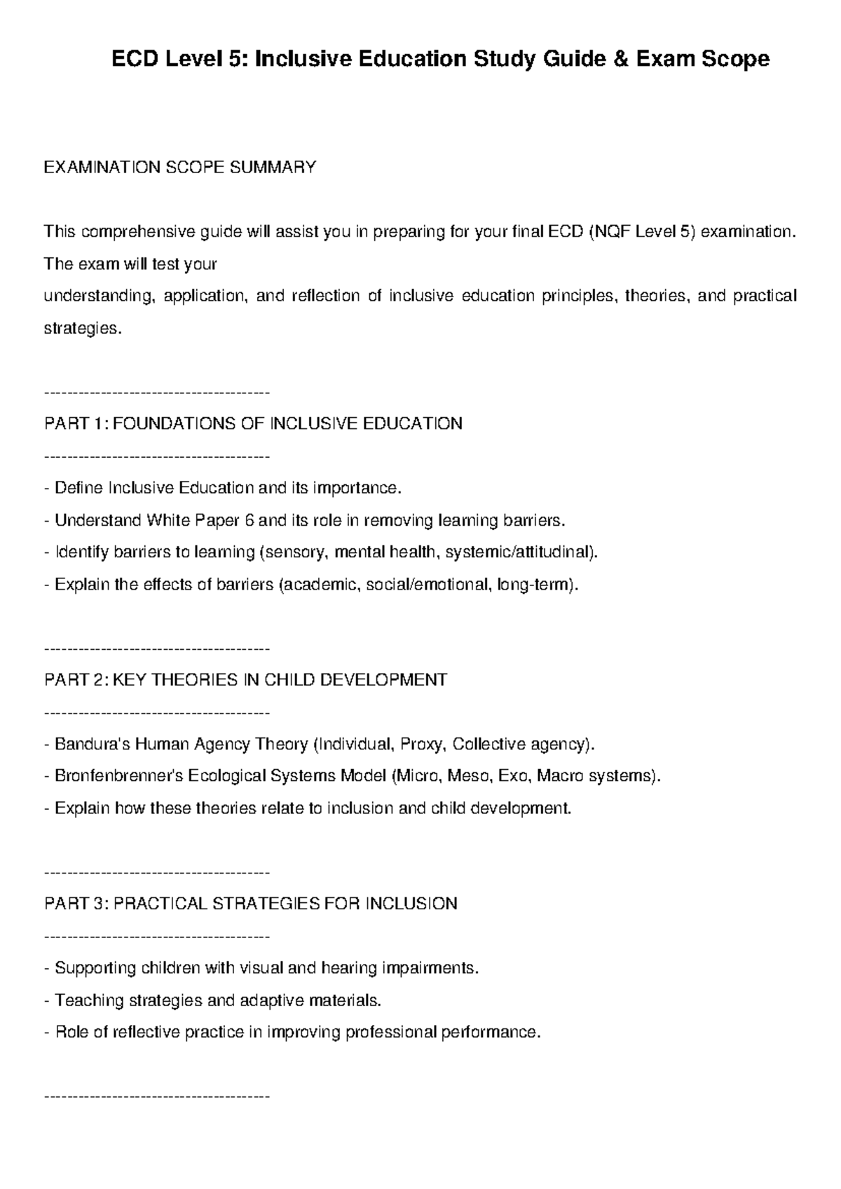 ECD Level 5: Inclusive Education Final Exam Study Guide - Studocu