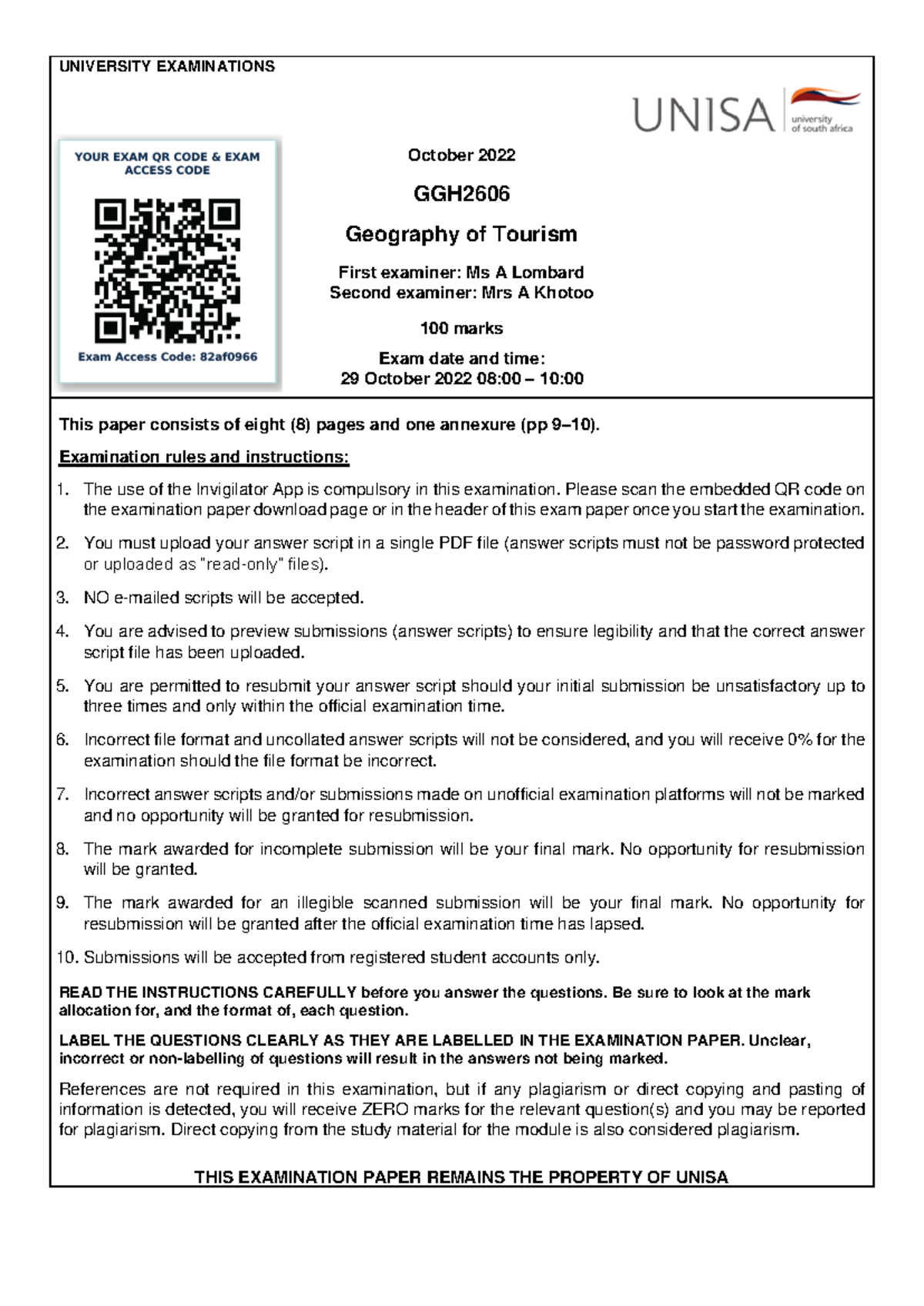 GGH2606 Oct 2022 Geography of Tourism Exam Paper Overview - Studocu