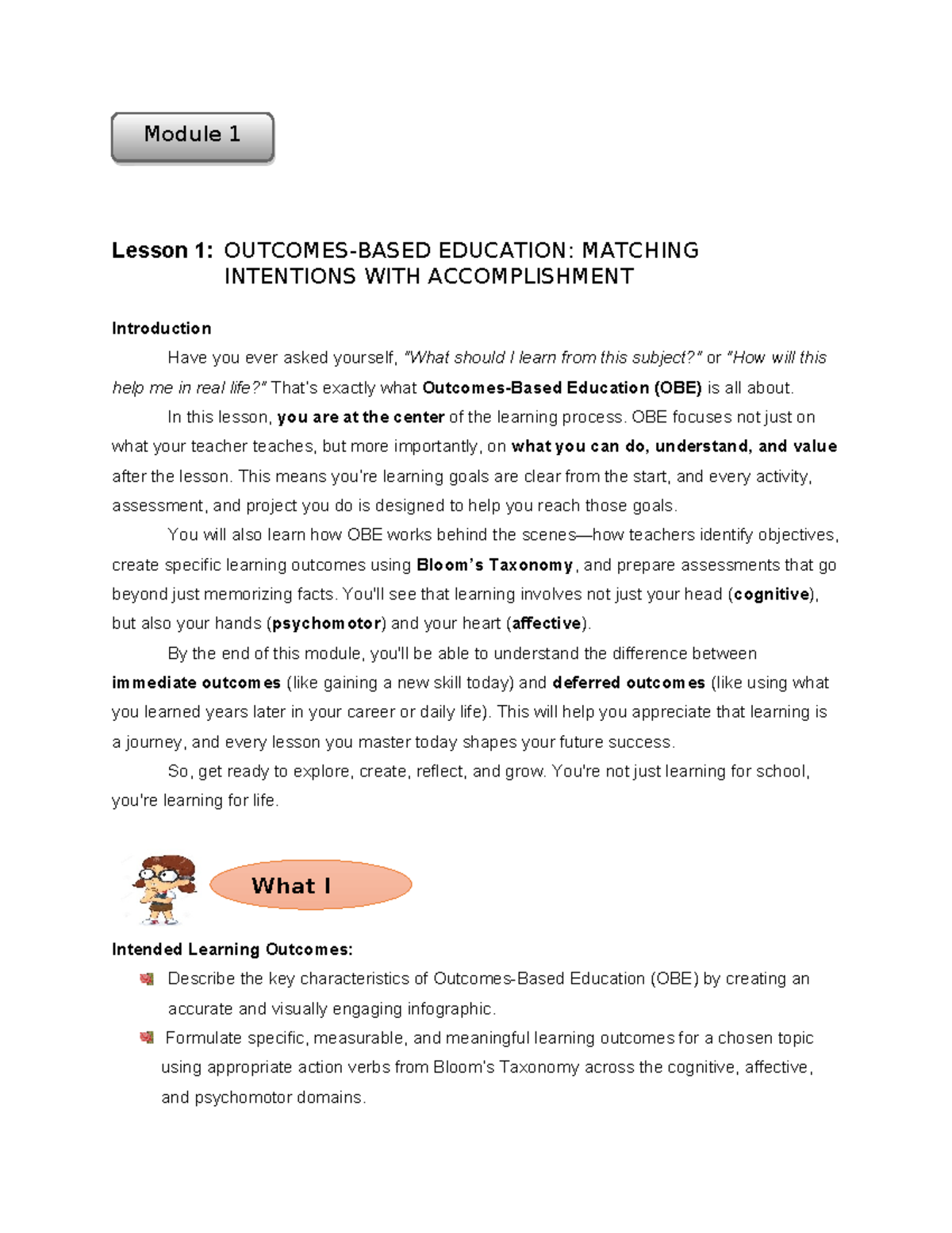Module 1 Lesson 1: Understanding OBE and Learning Outcomes - Studocu