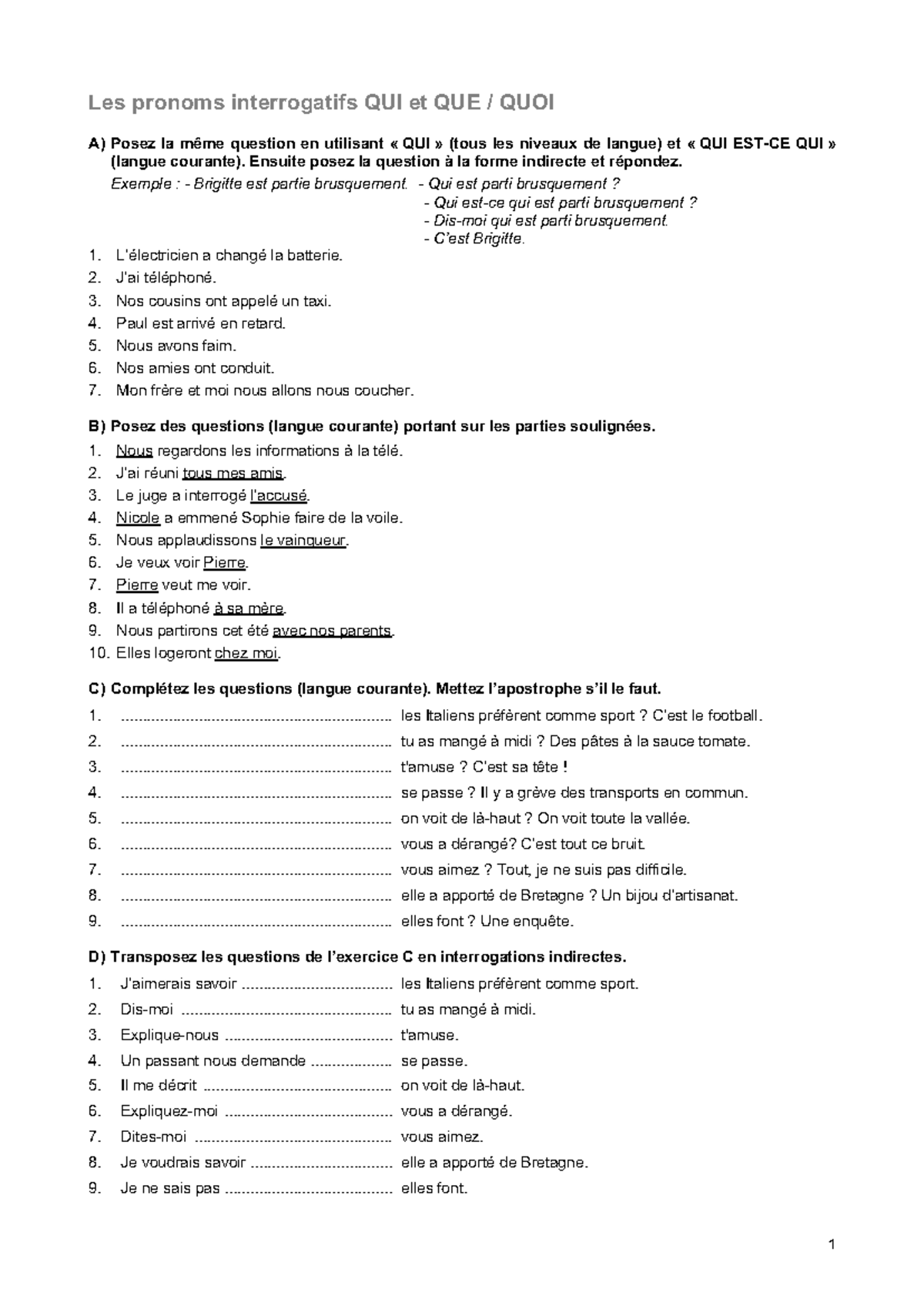 Interrogation- Partielle QUI-QUE Exercices - 1 Les pronoms ...
