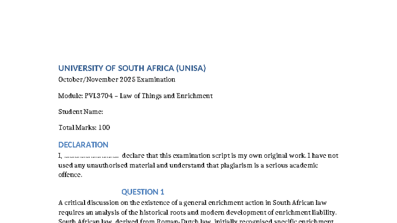 PVL3704 Final Exam Answers: Law of Things and Enrichment - Studocu