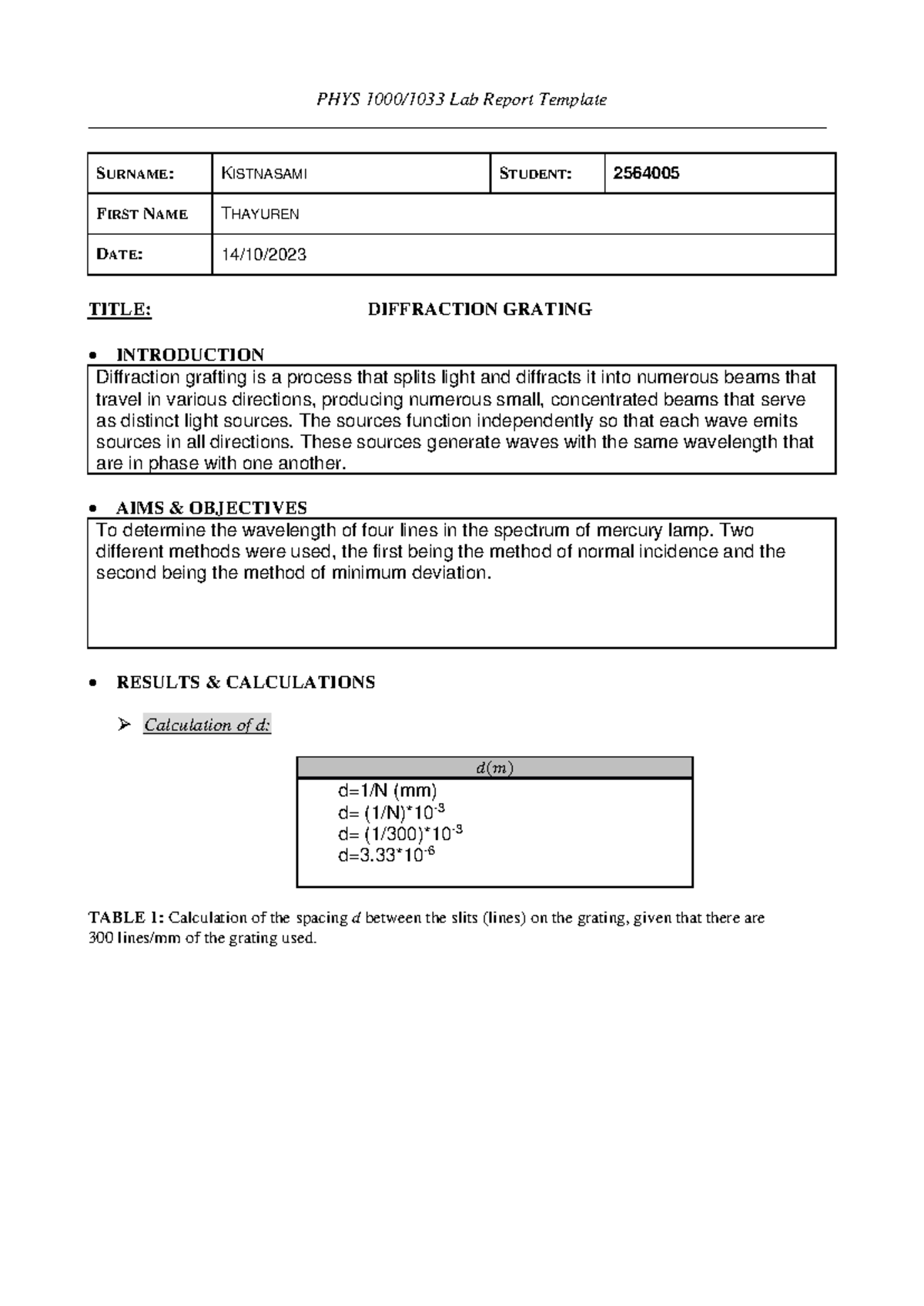 Exp08 - Lab Report on Diffraction Grating (PHYS 1000/1033) - Studocu