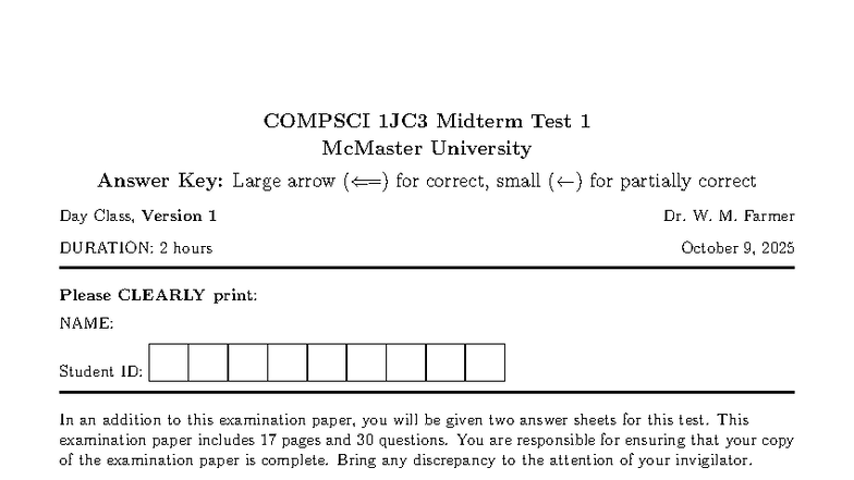 COMPSCI 1JC3 Midterm Test 1 Answer Key - Version 1 - Studocu