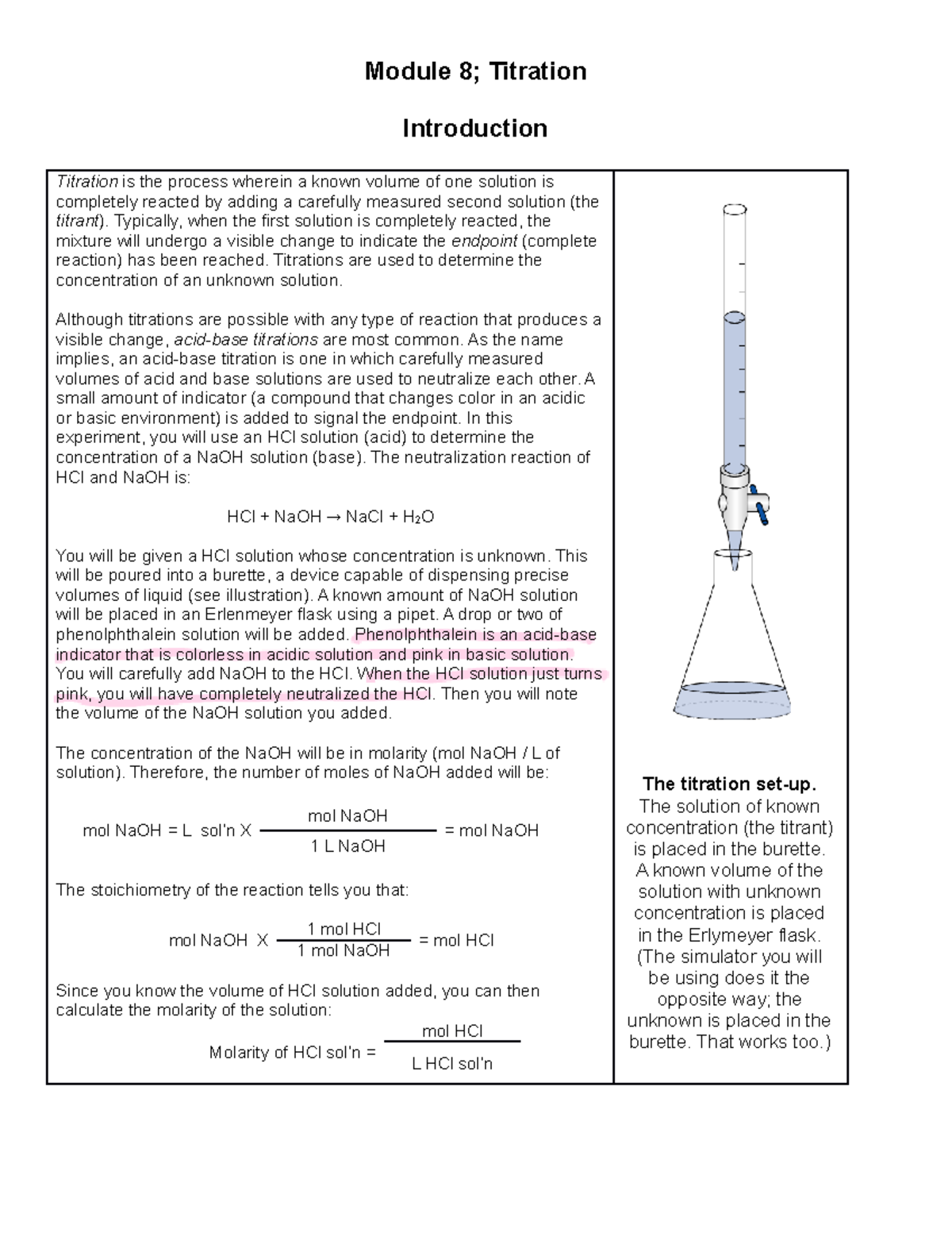 Module 8; Titration.V2 2 - Module 8; Titration Introduction Titration is the process wherein a ...