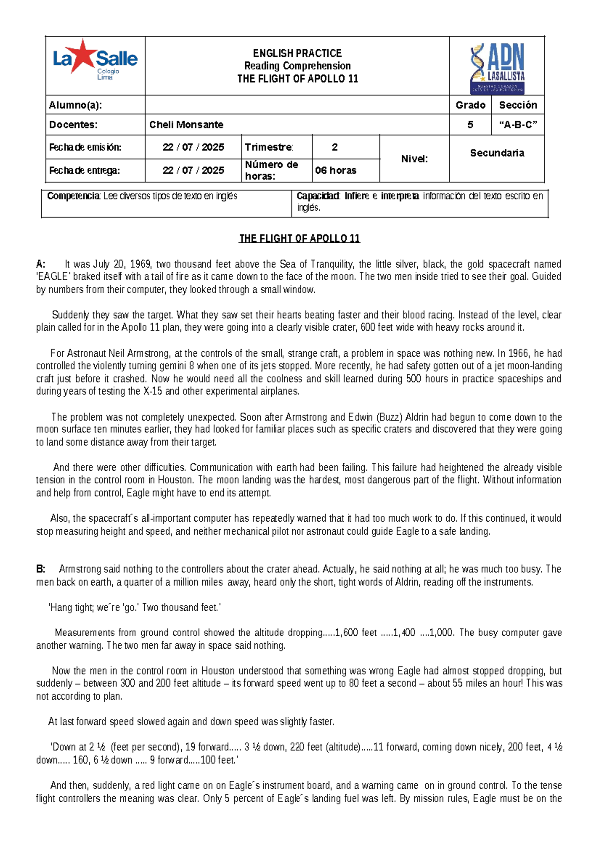 ENGLISH PRACTICE: Reading Comprehension on Apollo 11 Flight - Studocu