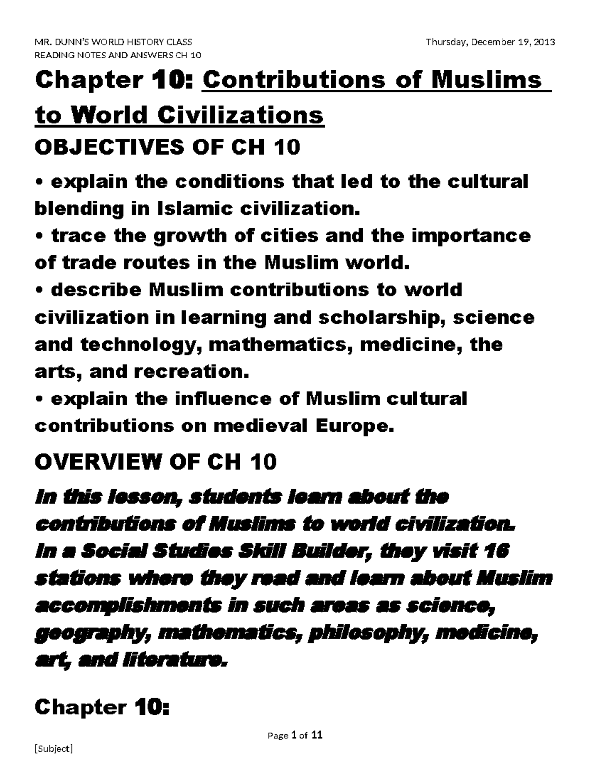 MR. WORLD HISTORY CLASS READING NOTES CH 10: Muslim Contributions to ...