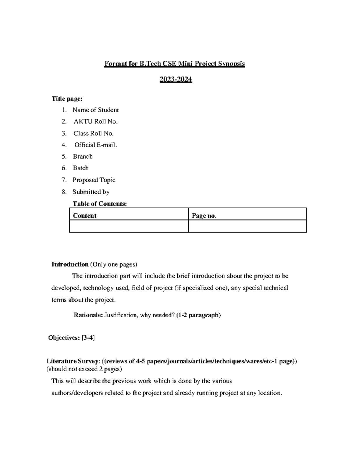 B.Tech CSE Mini Project Final Synopsis Format 2023-2024 - Studocu