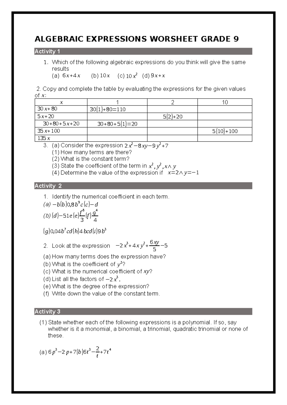 Algebraic Expressions Catch-Up Worksheet GRADE 9 - Studocu