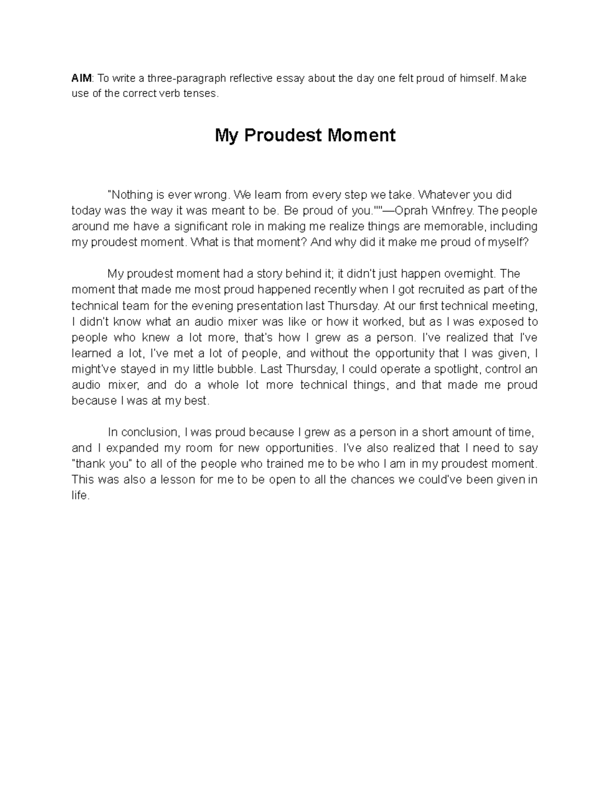 Reflective Essay: My Proudest Moment and Personal Growth - Studocu