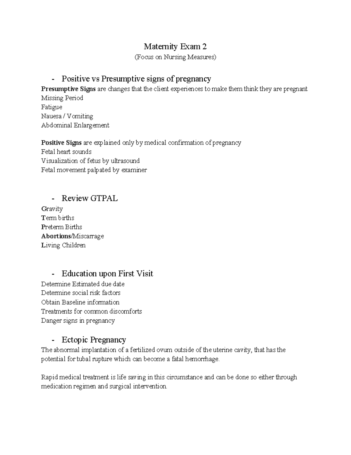 Maternity Exam 2: Nursing Measures & Pregnancy Signs Overview - Studocu