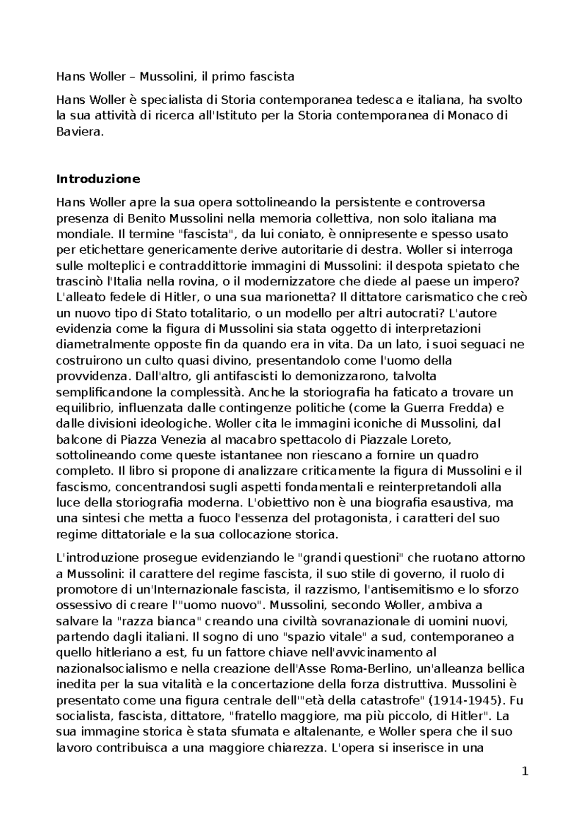 Riassunto: Hans Woller su Mussolini e il Fascismo - Studocu