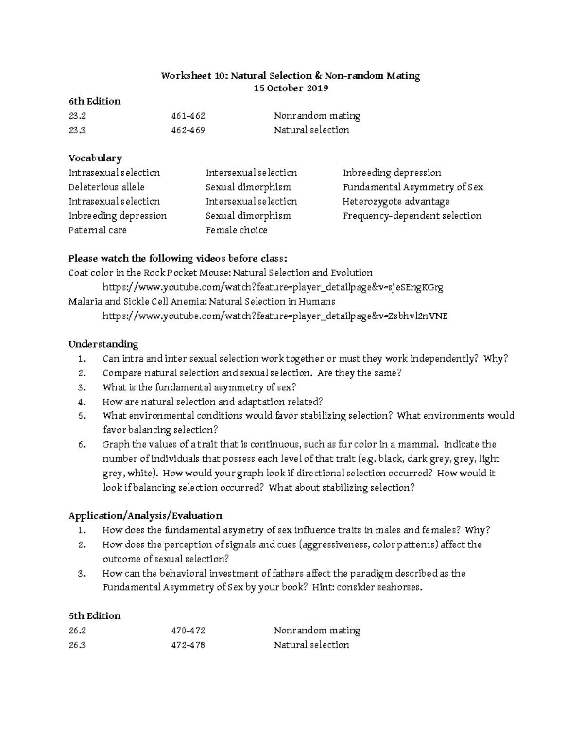 Worksheet 10 - Natural Selection & Non-random Mating - Biology - Studocu