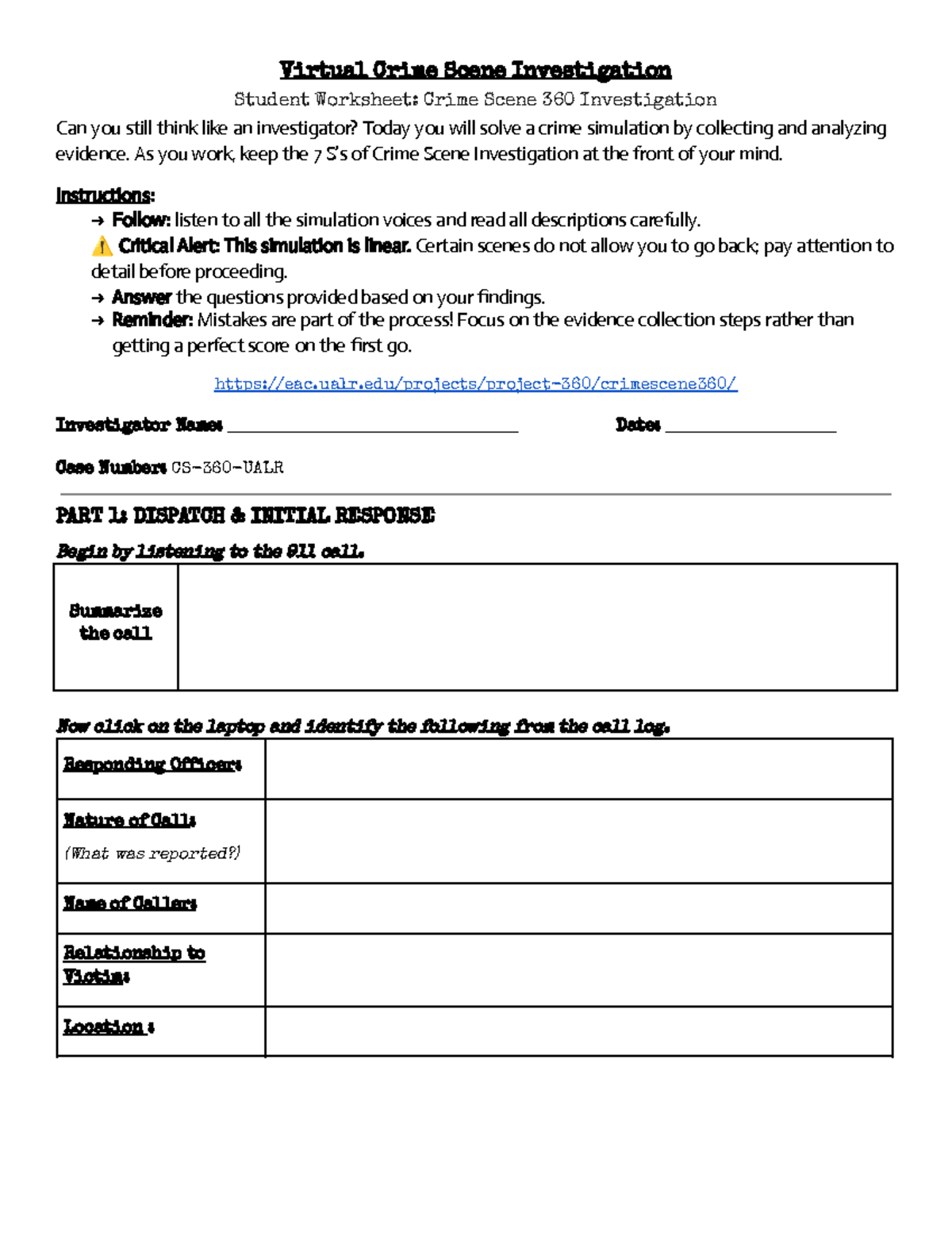 Virtual Crime Scene Investigation Worksheet: 360 Lab Exercise - Studocu