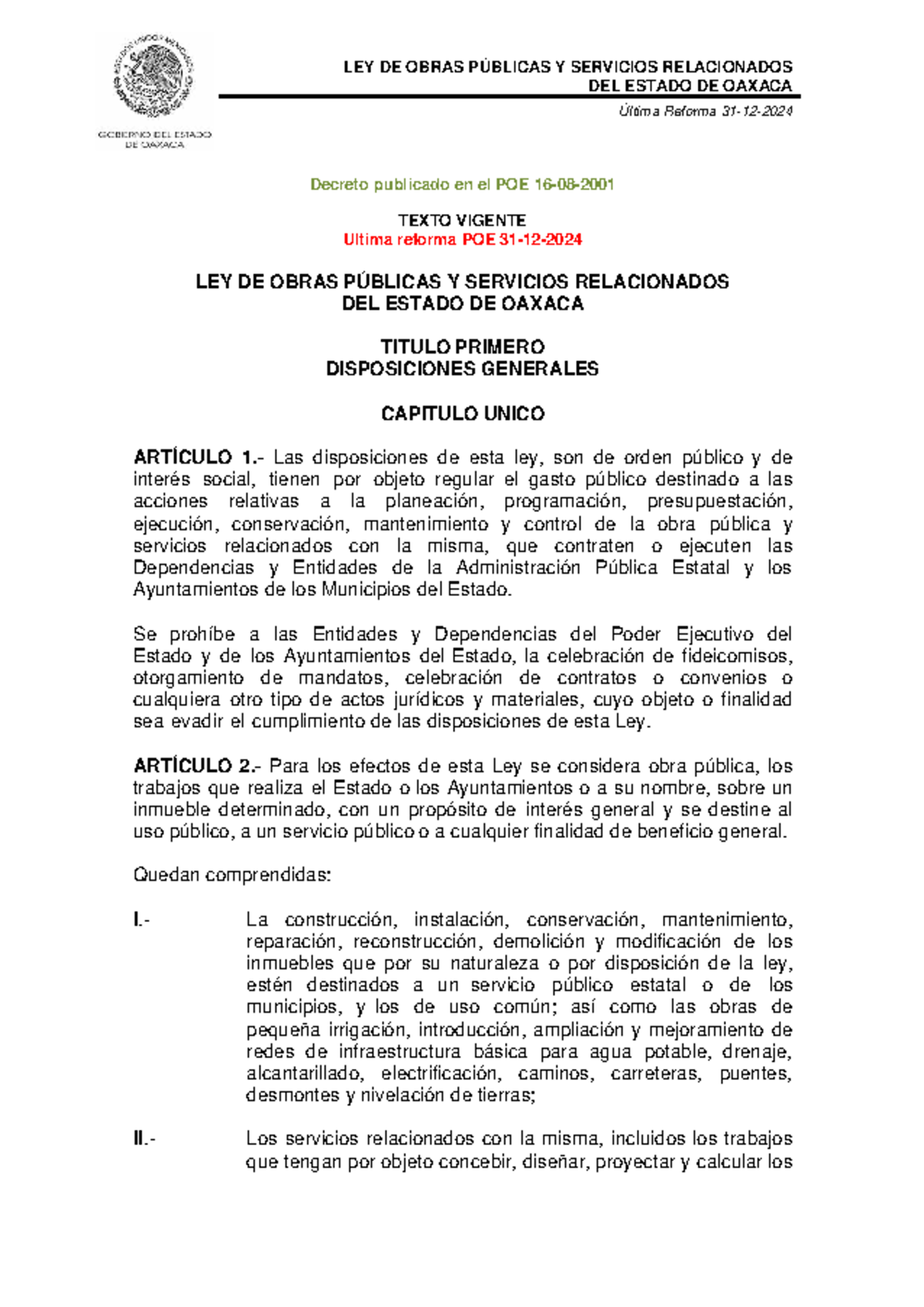 Ley De Obras Públicas Y Servicios Relacionados Del Estado De Oaxaca