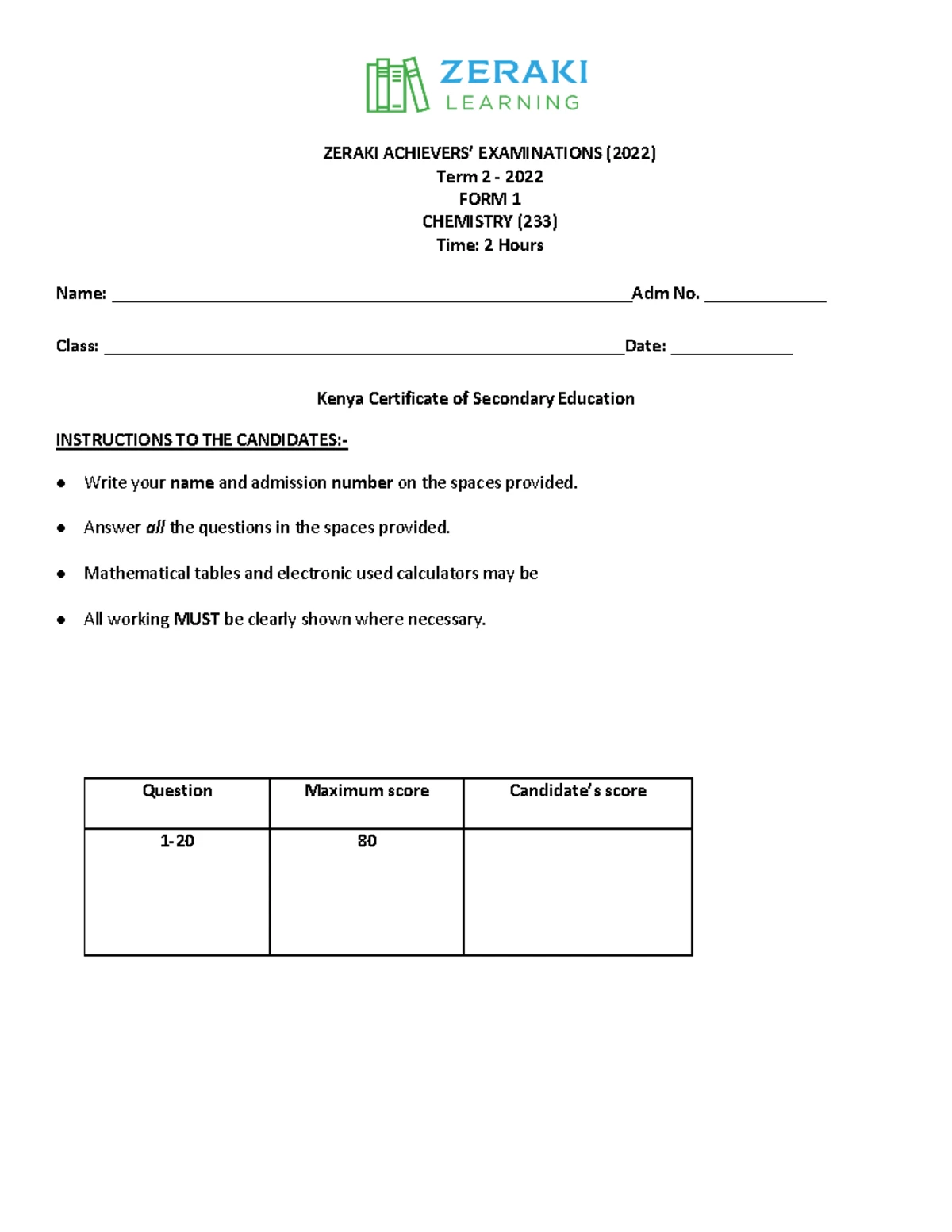 Chemistry Form 1 - Final Exam Question Paper (233) - Term 2 2022 - Studocu